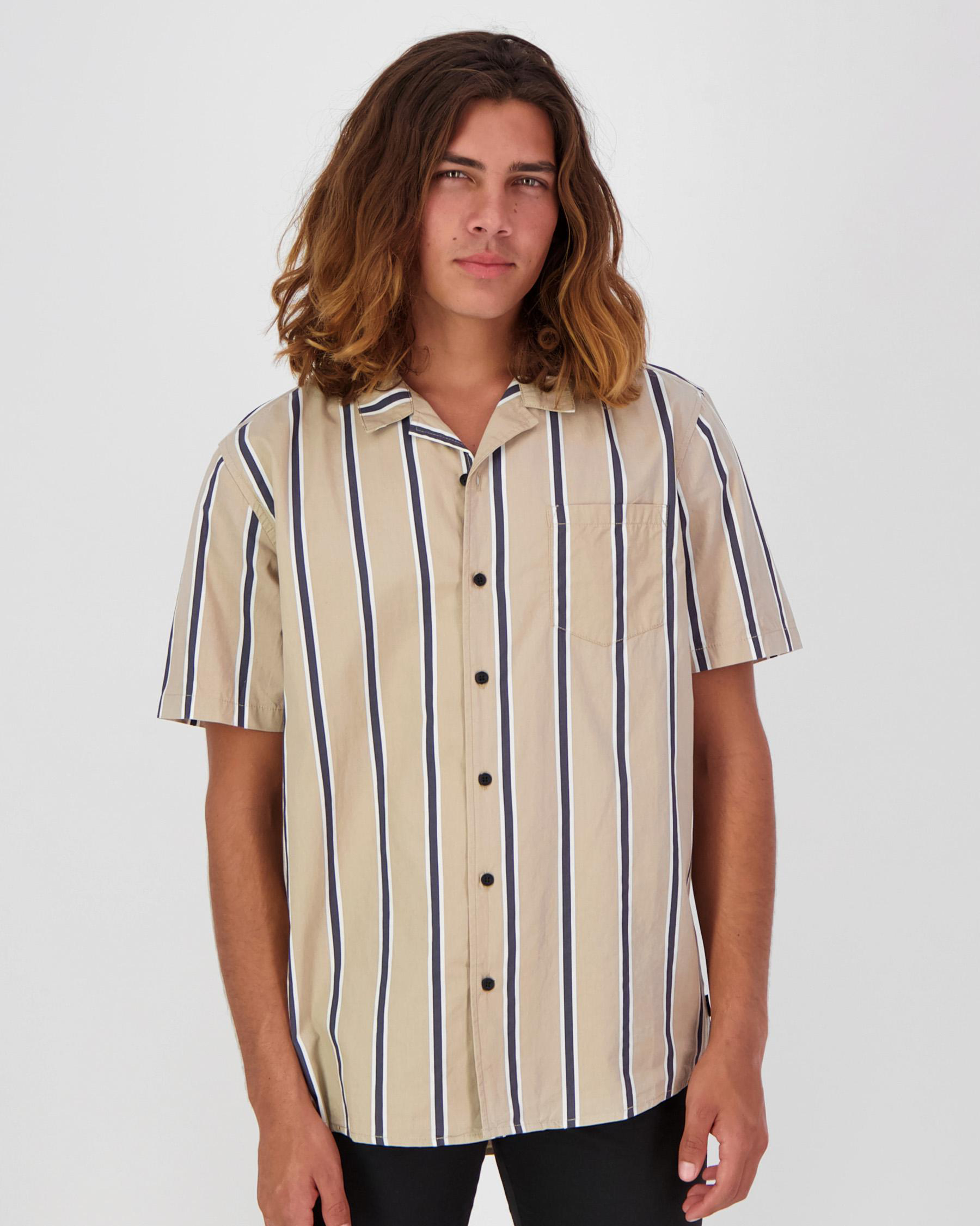 Shop Silent Theory Slide Short Sleeve Shirt In Sand Stripe - Fast ...