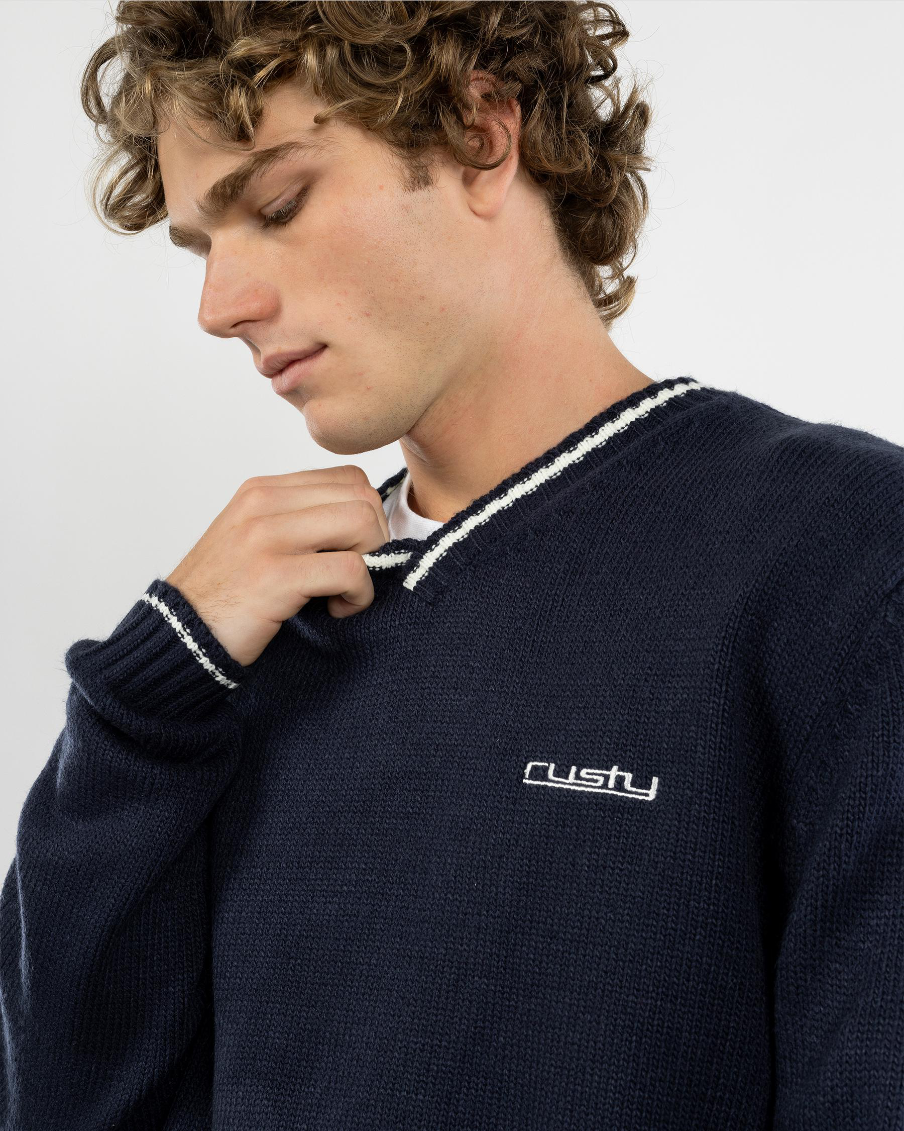 Rusty Venom Vee Neck Knitted Crew Jumper In Navy Blue - FREE* Shipping ...