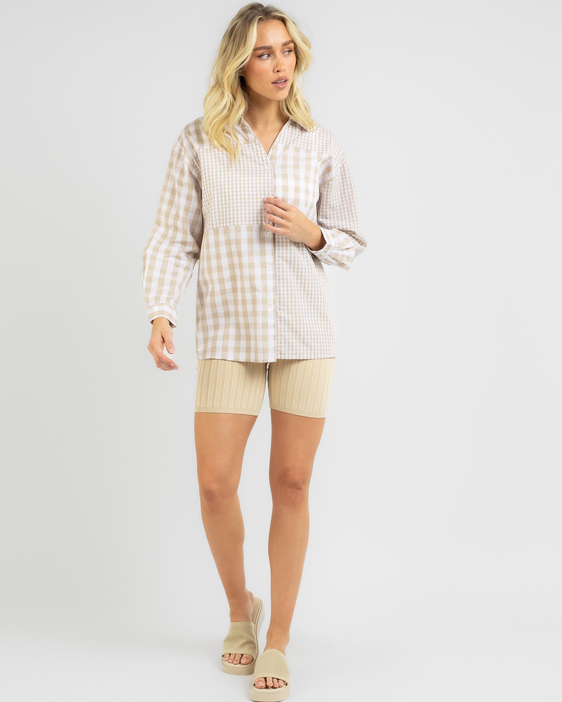 Shop Mooloola Connecticut Check Long Sleeve Shirt In Beige Check - Fast ...