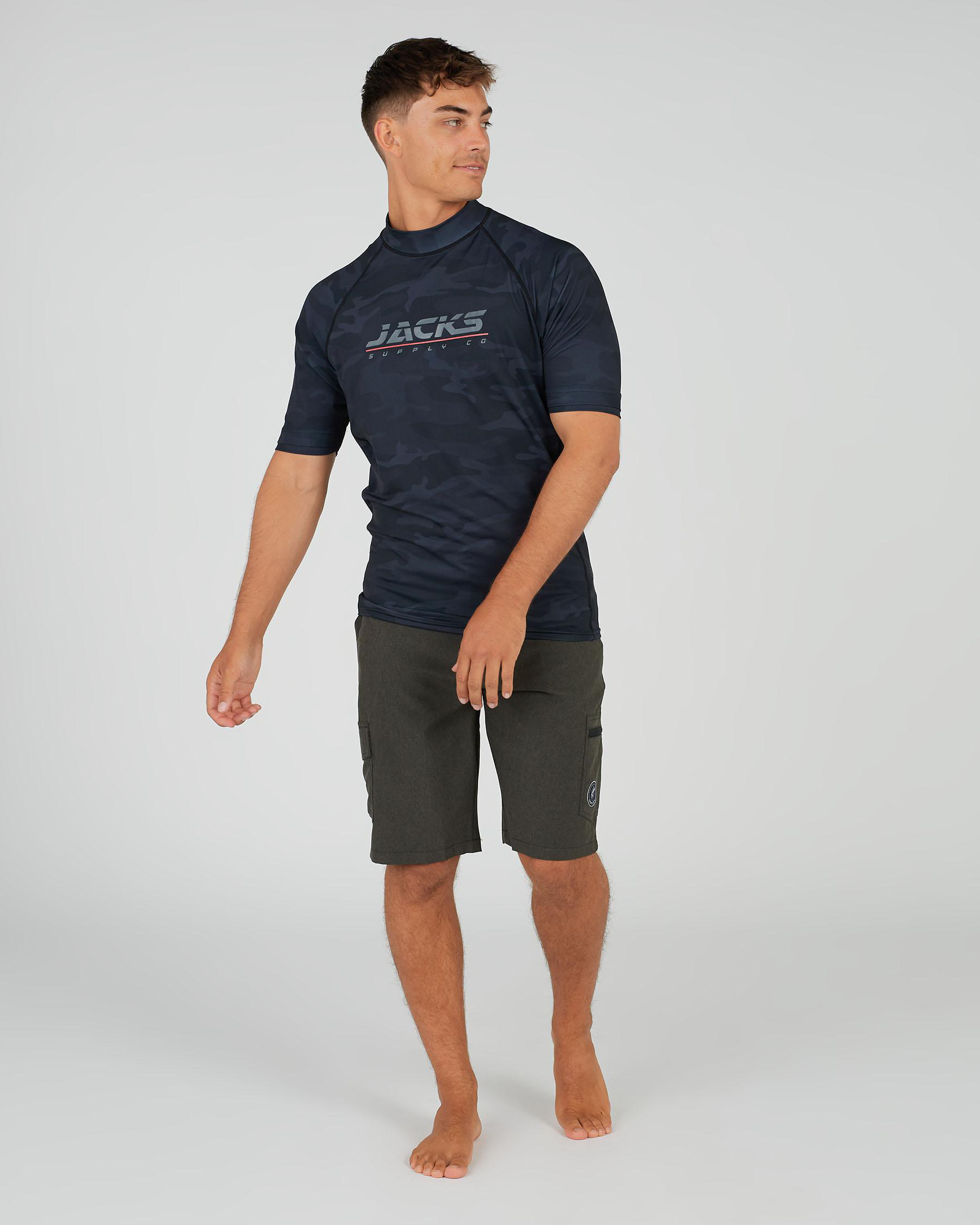 Shop Jacks Laser Short Sleeve Rash Vest In Black Camo - Fast Shipping ...