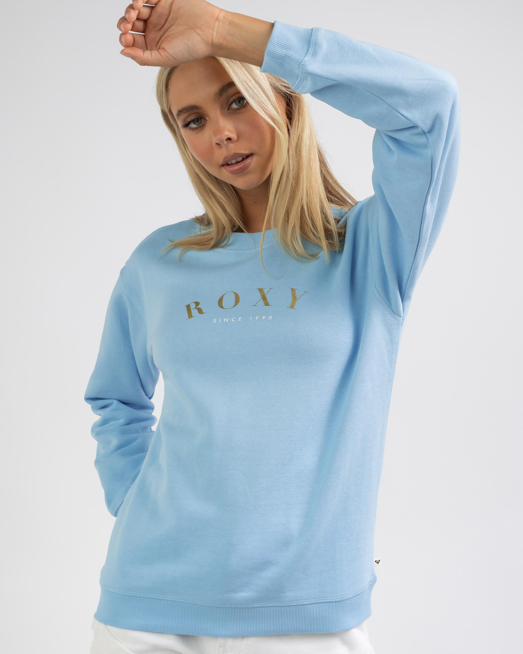 Shop Roxy Surf Stocked Crewneck Sweatshirt In Cool Blue - Fast Shipping ...