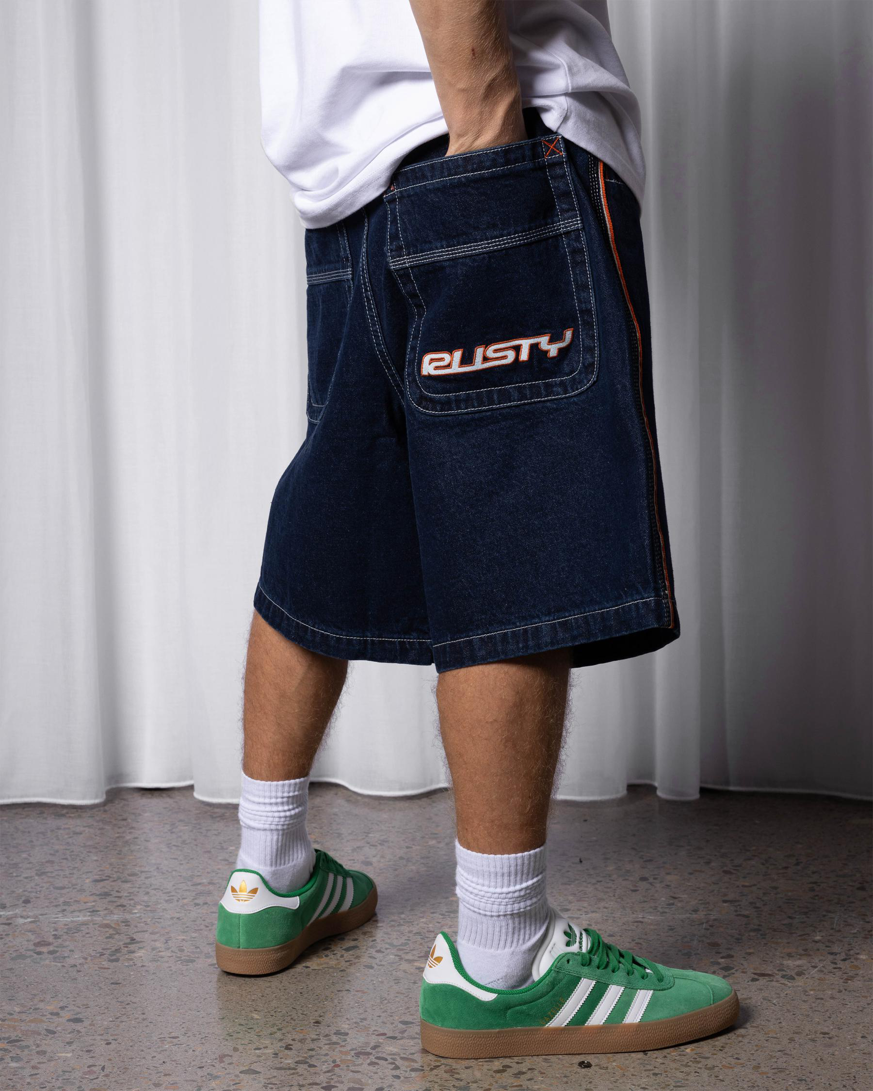 Shop Rusty Flip Daddy 2.0 Jean Shorts In Deep Sea Blue - Fast Shipping ...