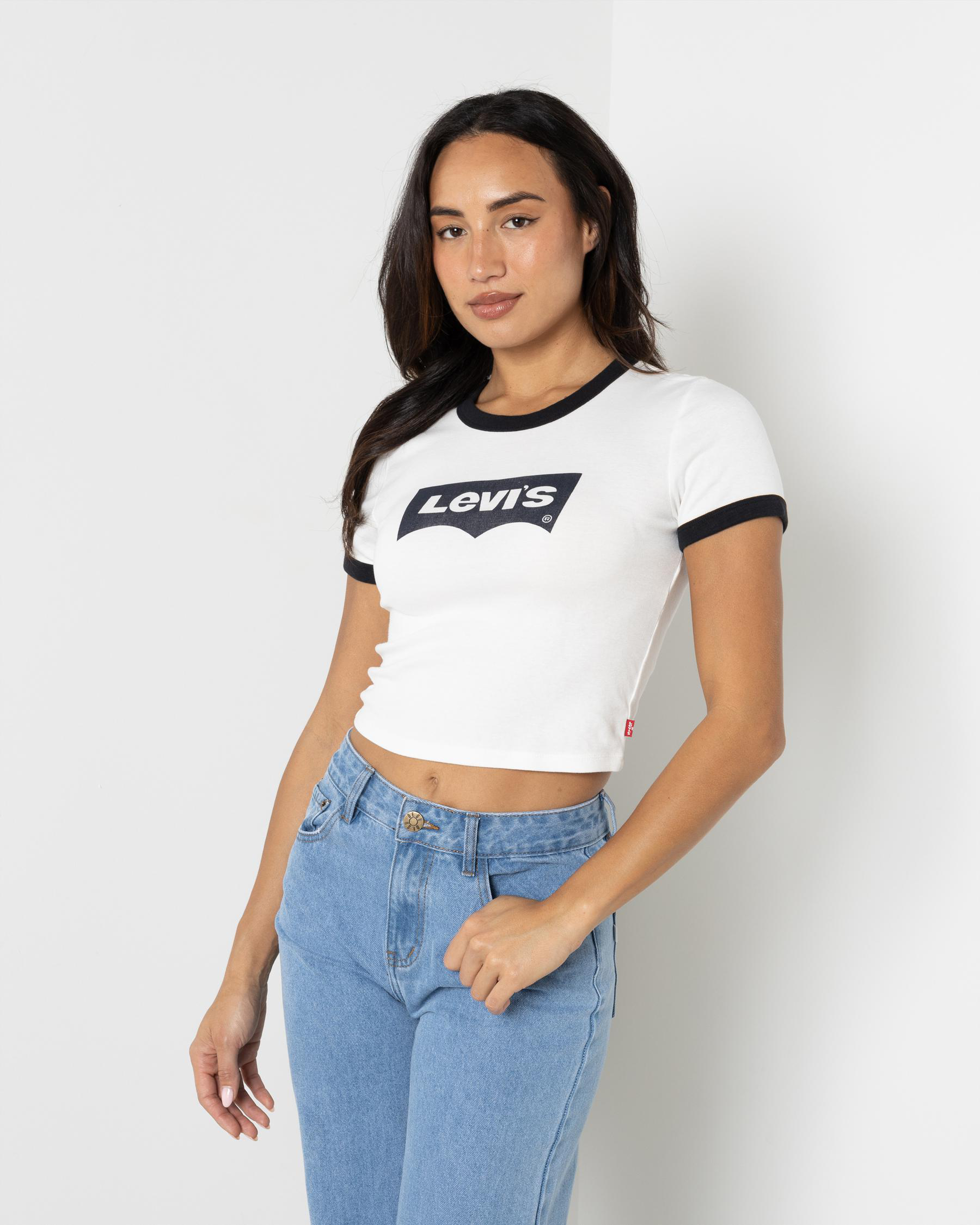 Shop Levi's Graphic Ringer Baby Tee In Wonky Bw Cloud Dancer - Fast ...