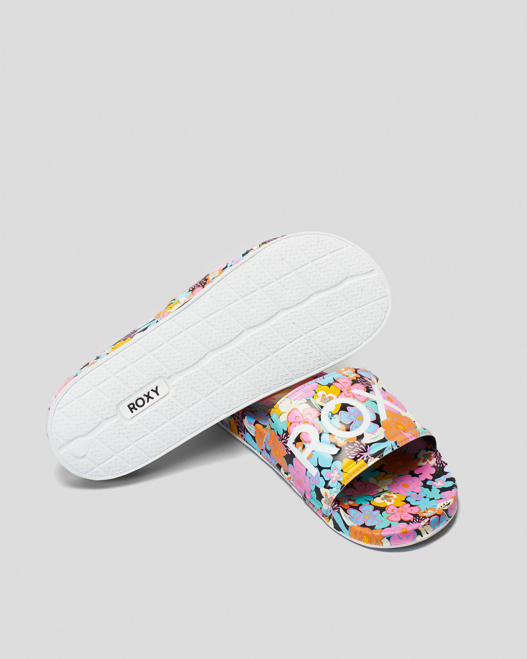Shop Roxy Girls' Slippy Printed Slide Sandals In Black Multi - Fast ...