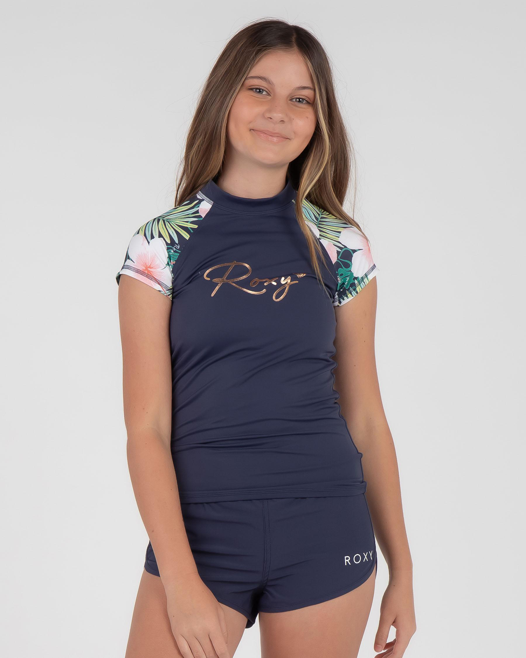 Shop Roxy Girls' Peachy Vibes Cap Sleeve Rash Vest In Mood Indigo ...