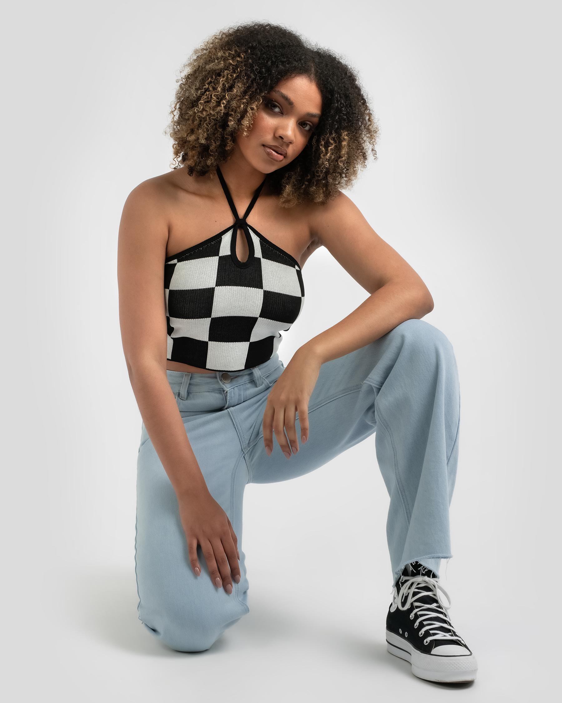 Shop Red Berry Checkerboard Knit Halter Top In Black/white - Fast ...