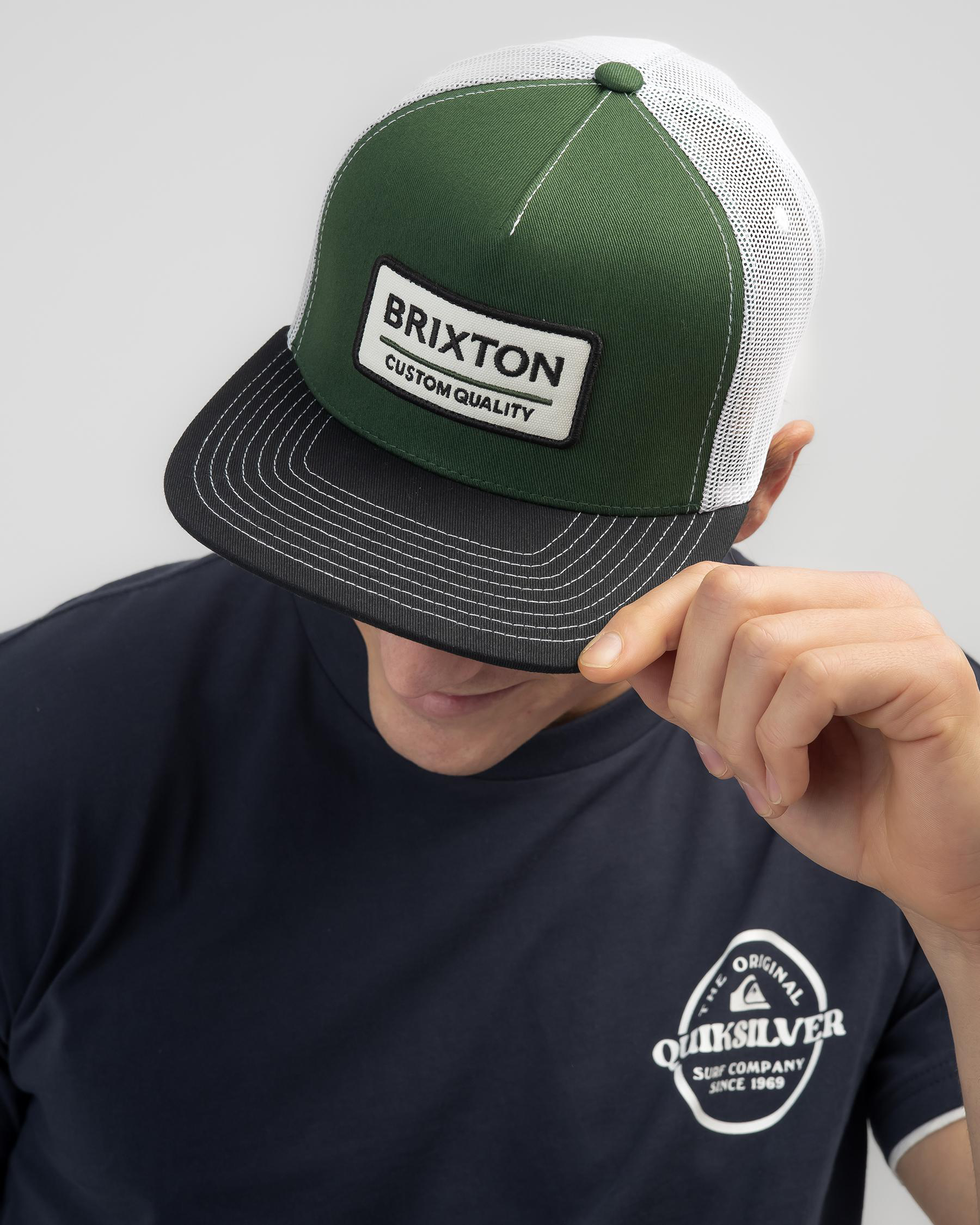 Shop Brixton Palmer Proper MP Trucker Cap In Pine Needle/washed Black ...