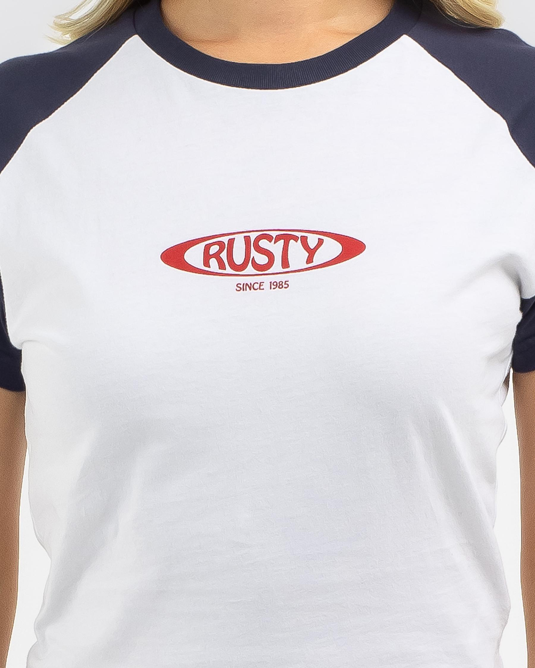 Shop Rusty Roval Raglan Baby Tee In White/navy - Fast Shipping & Easy ...