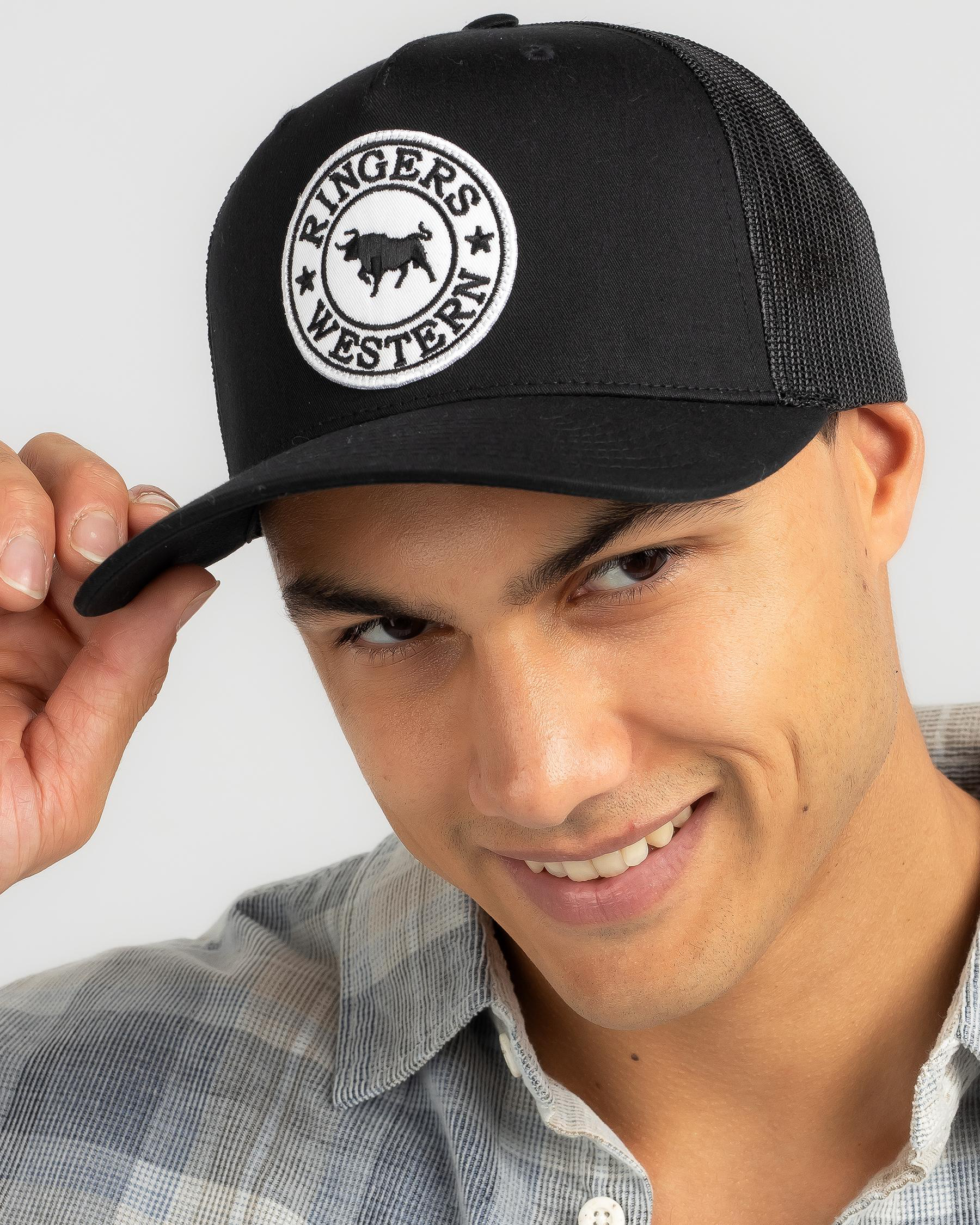 Shop Ringers Western Signature Bull Trucker Cap In Black/black White ...