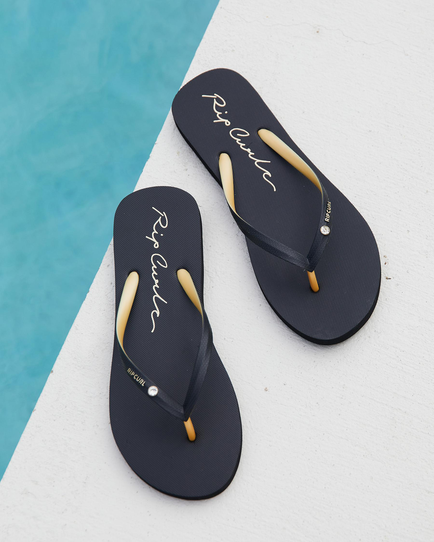 Rip Curl Script Wave Thongs In Black/gold - Fast Shipping & Easy ...