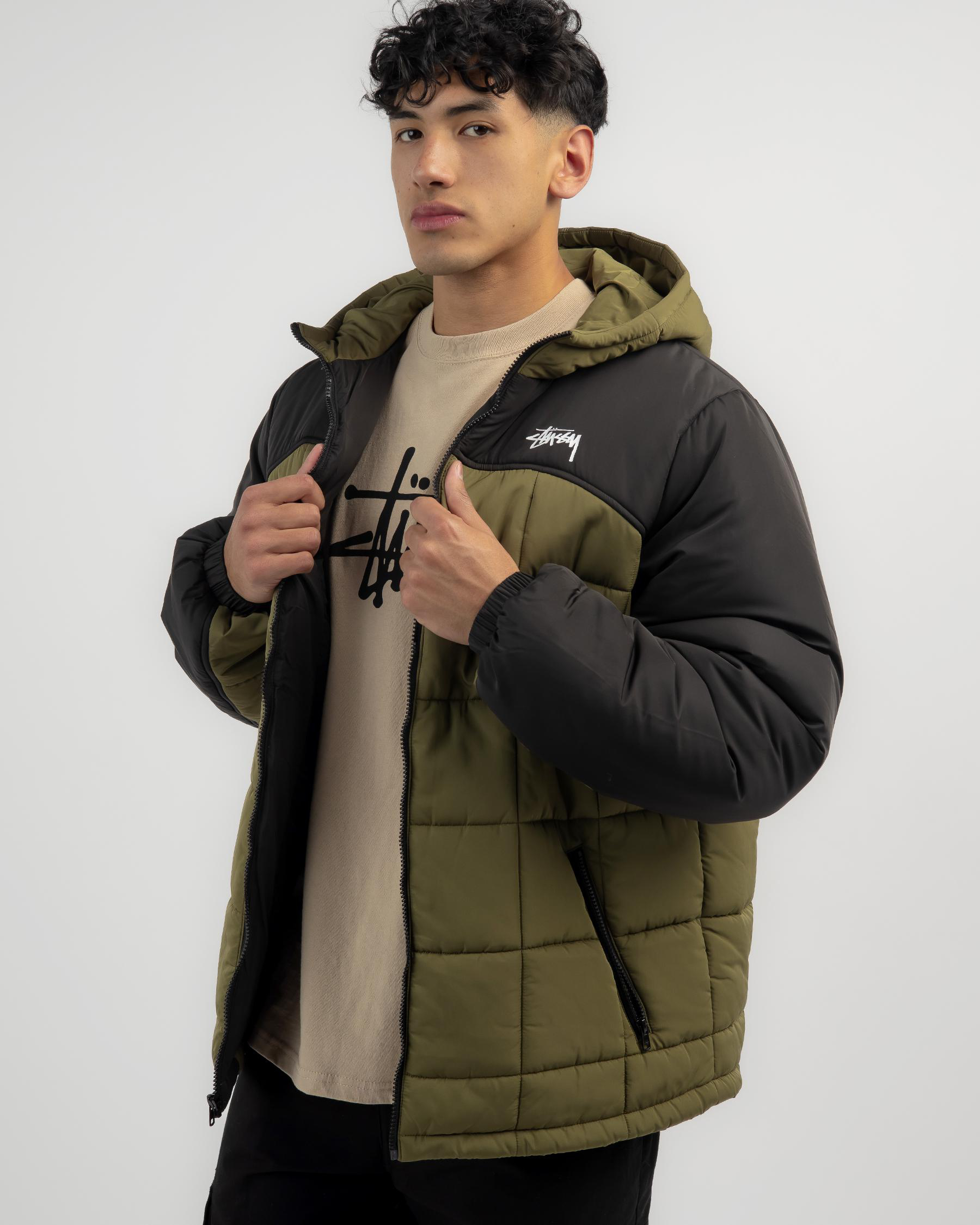 Shop Stussy Square Puffa Hooded Jacket In Khaki/black - Fast Shipping ...
