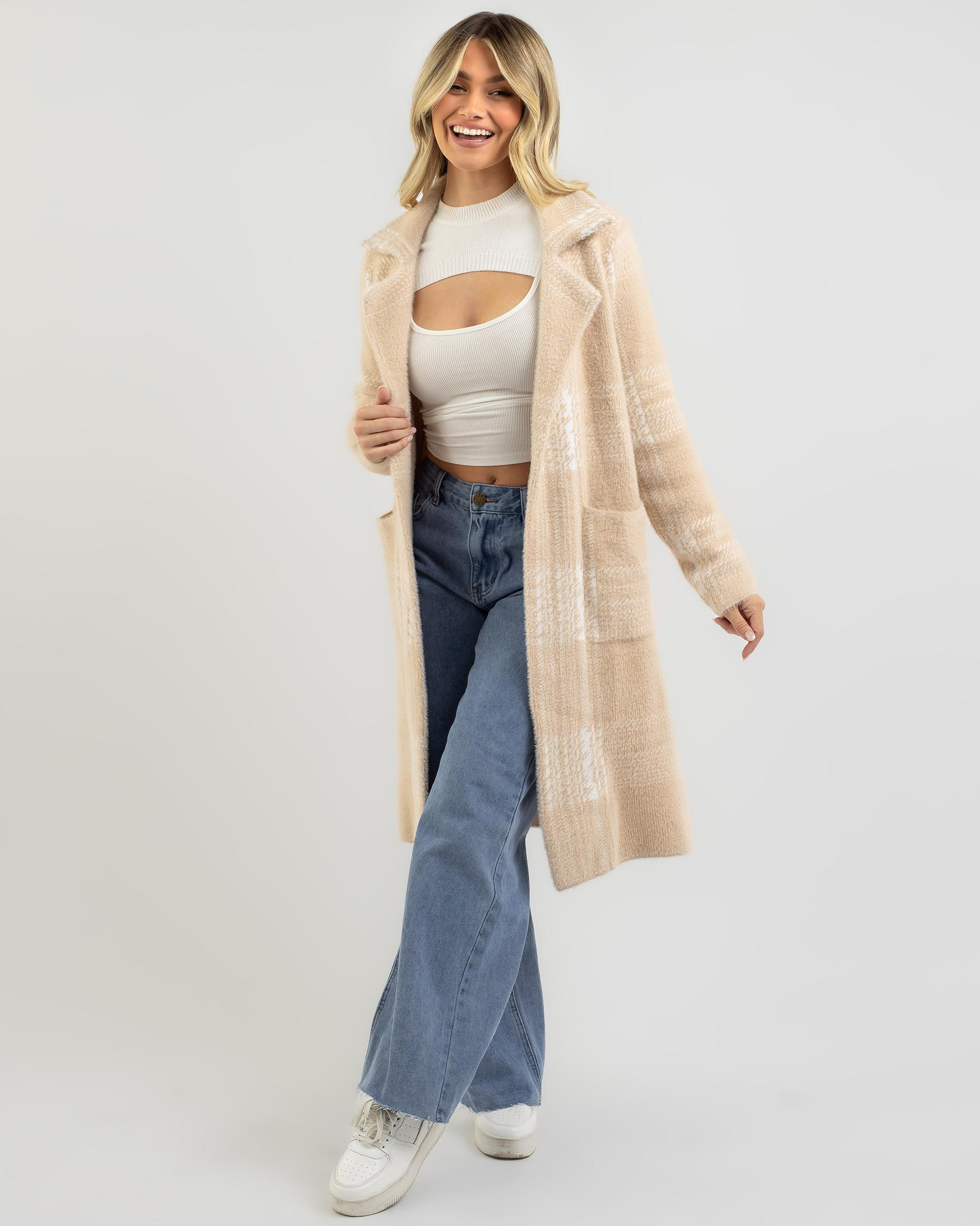 Shop Ava And Ever Victoria Knit Coatigan In Beige/white Check - Fast ...