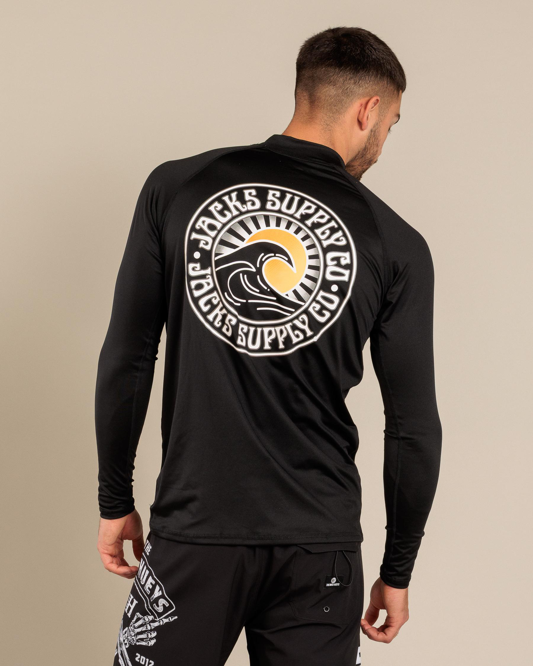 Shop Jacks Rising Sun Long Sleeve Rash Vest In Black - Fast Shipping ...