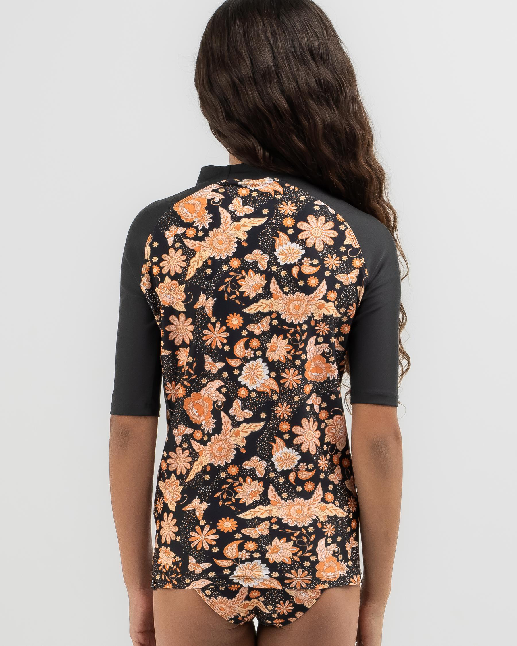 Shop Rip Curl Girls' Sun Catcher Short Sleeve Rash Vest In Washed Black ...