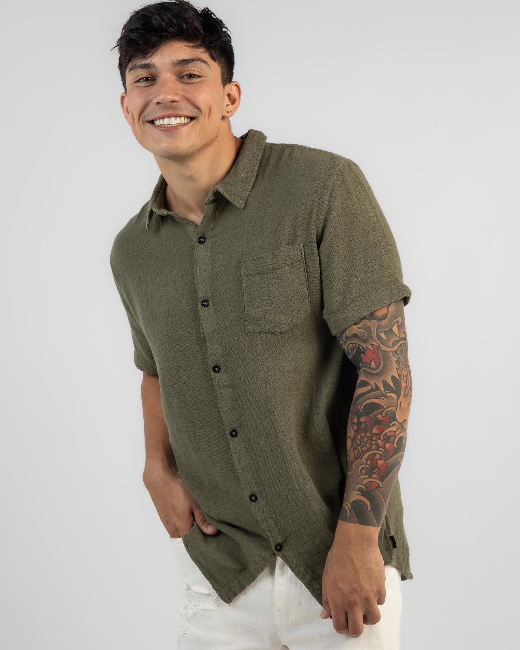 Shop Silent Theory Hemp Short Sleeve Shirt In Khaki - Fast Shipping ...
