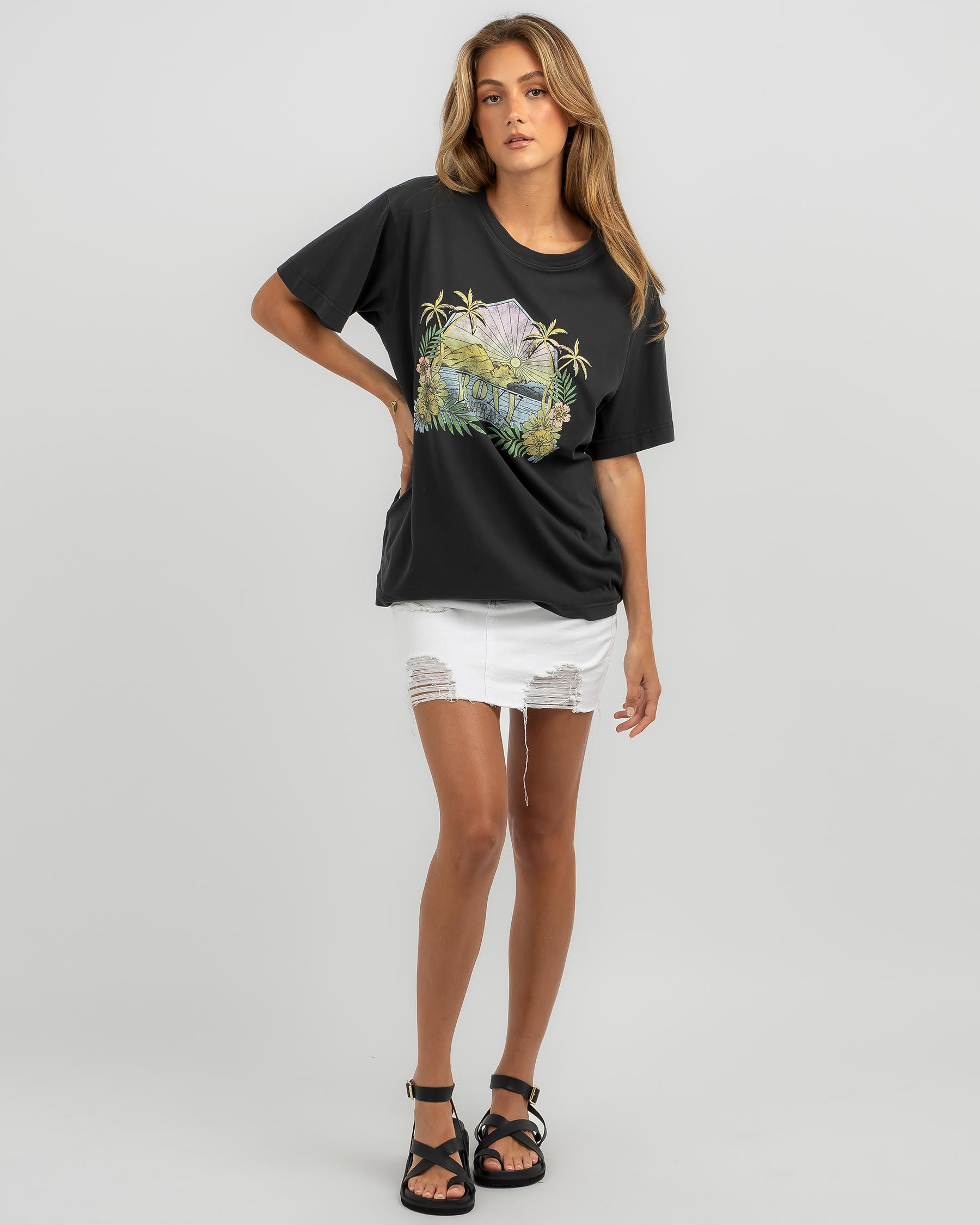 Shop Roxy East Coast Destination Tee In Anthracite - Fast Shipping ...