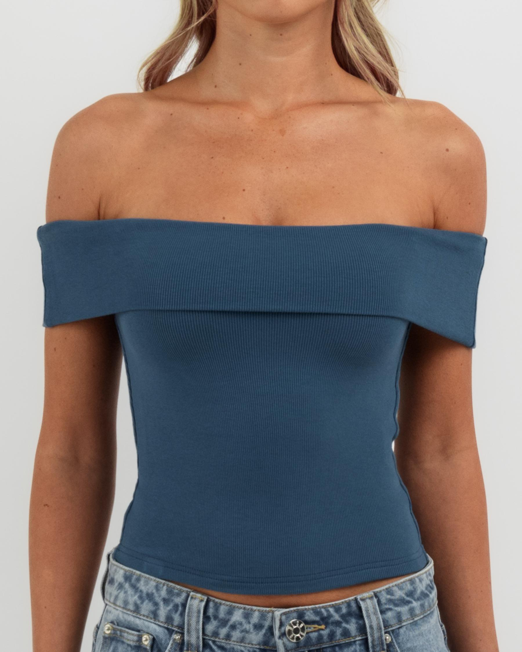 Shop Mooloola Basic Fine Rib Off Shoulder Top In Indigo - Fast Shipping ...
