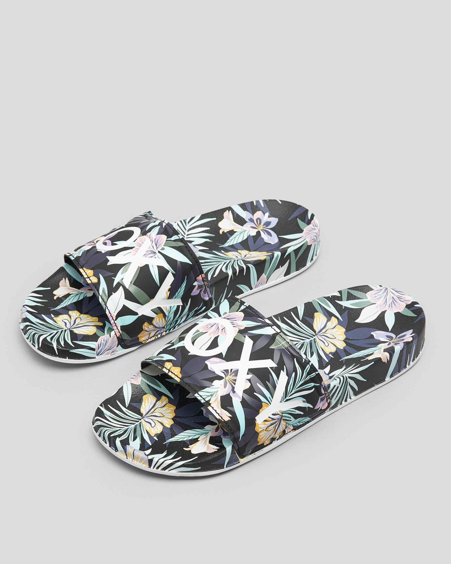 Shop Roxy Womens Roxy Slippy Printed Slide Sandals In Black/deep Purple ...