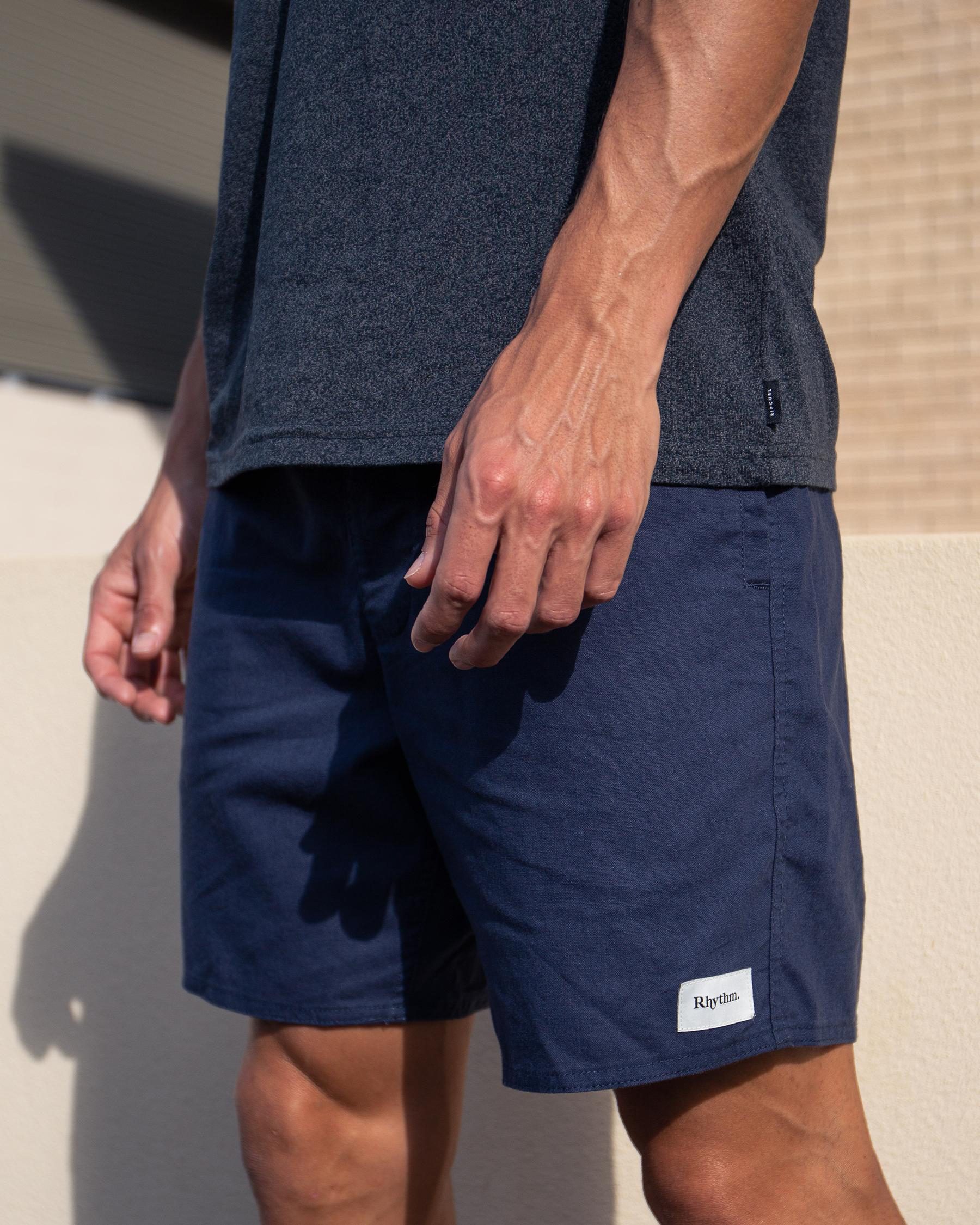 Shop Rhythm Classic Linen Jam Elastic Walk Shorts In Navy - Fast ...
