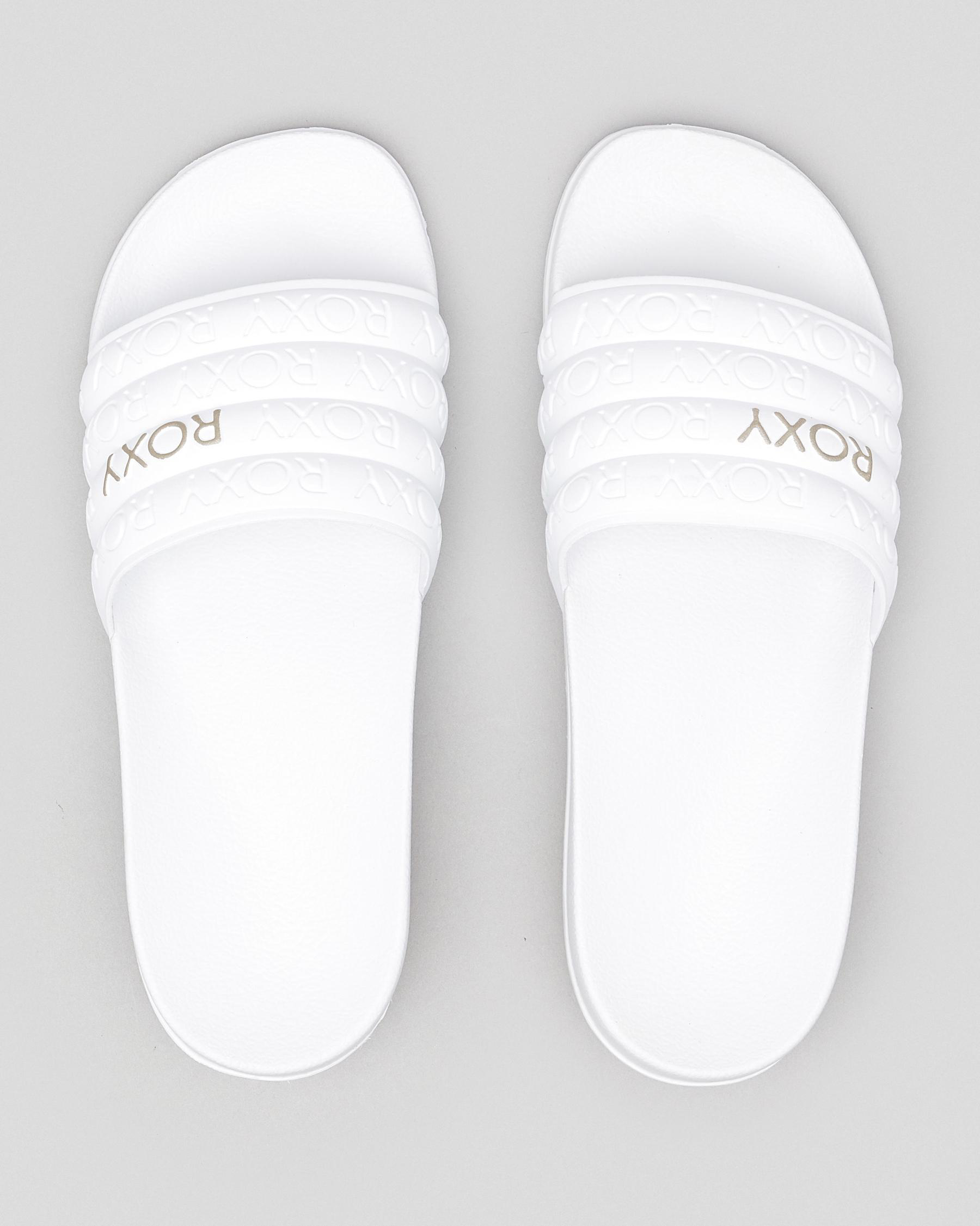 Shop Roxy Slippy WP Slide Sandals In White/champagne - Fast Shipping ...