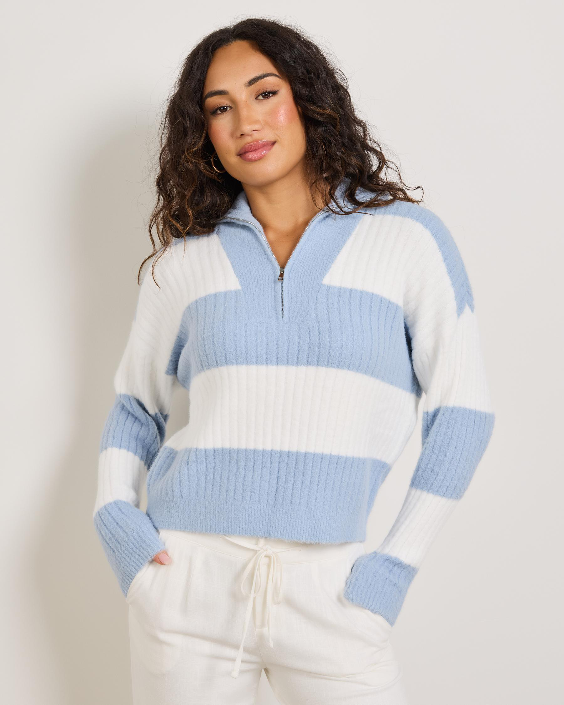 Ava And Ever Atlas Half Zip Knit Jumper In Blue/cream - FREE* Shipping ...
