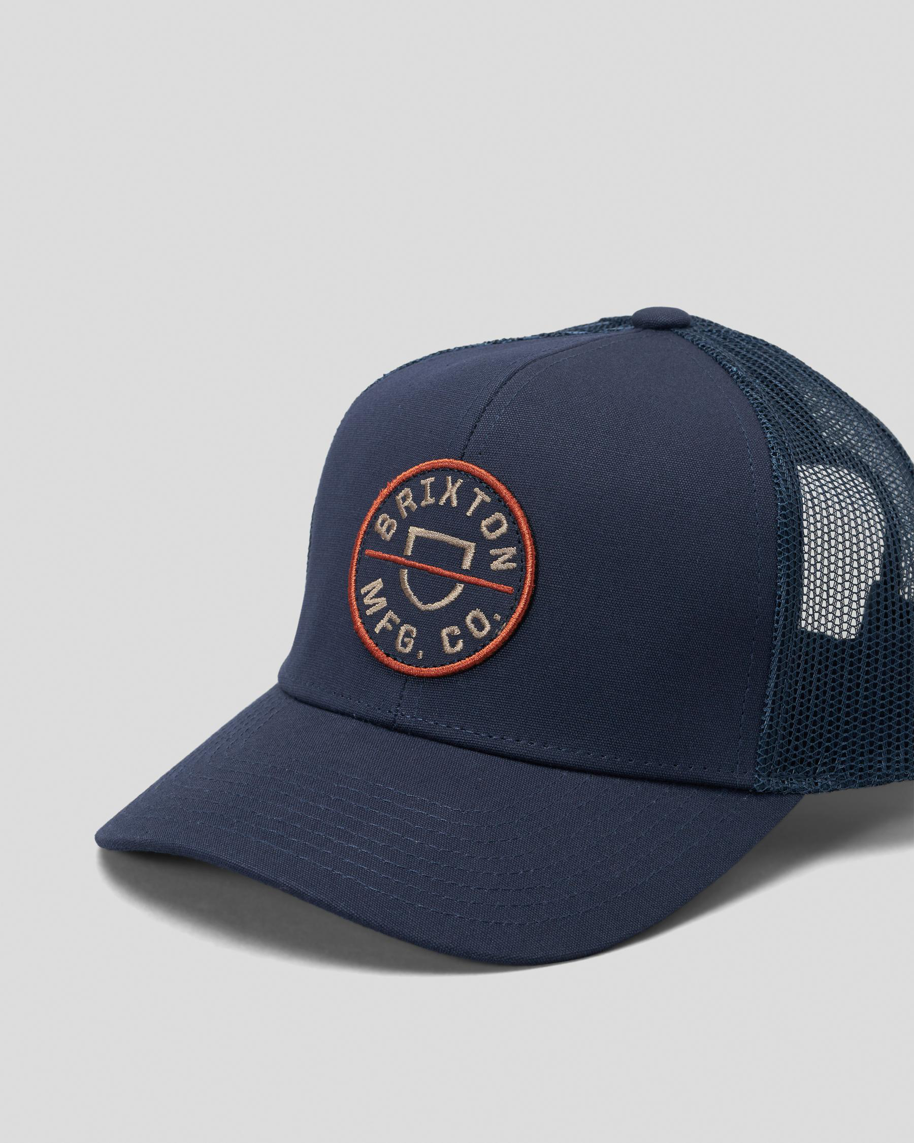 Shop Brixton Crest Netplus MP Trucker Cap In Washed Navy/oatmeal ...
