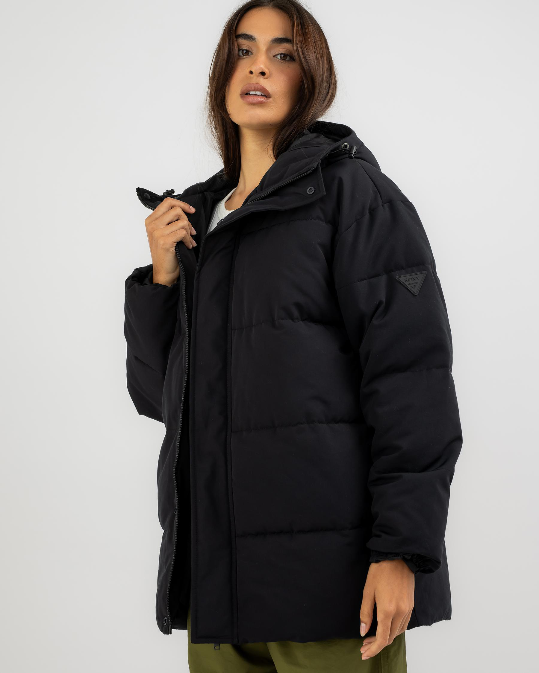 Shop Roxy Ocean Ways Hooded Puffer Jacket In Anthracite - Fast Shipping ...