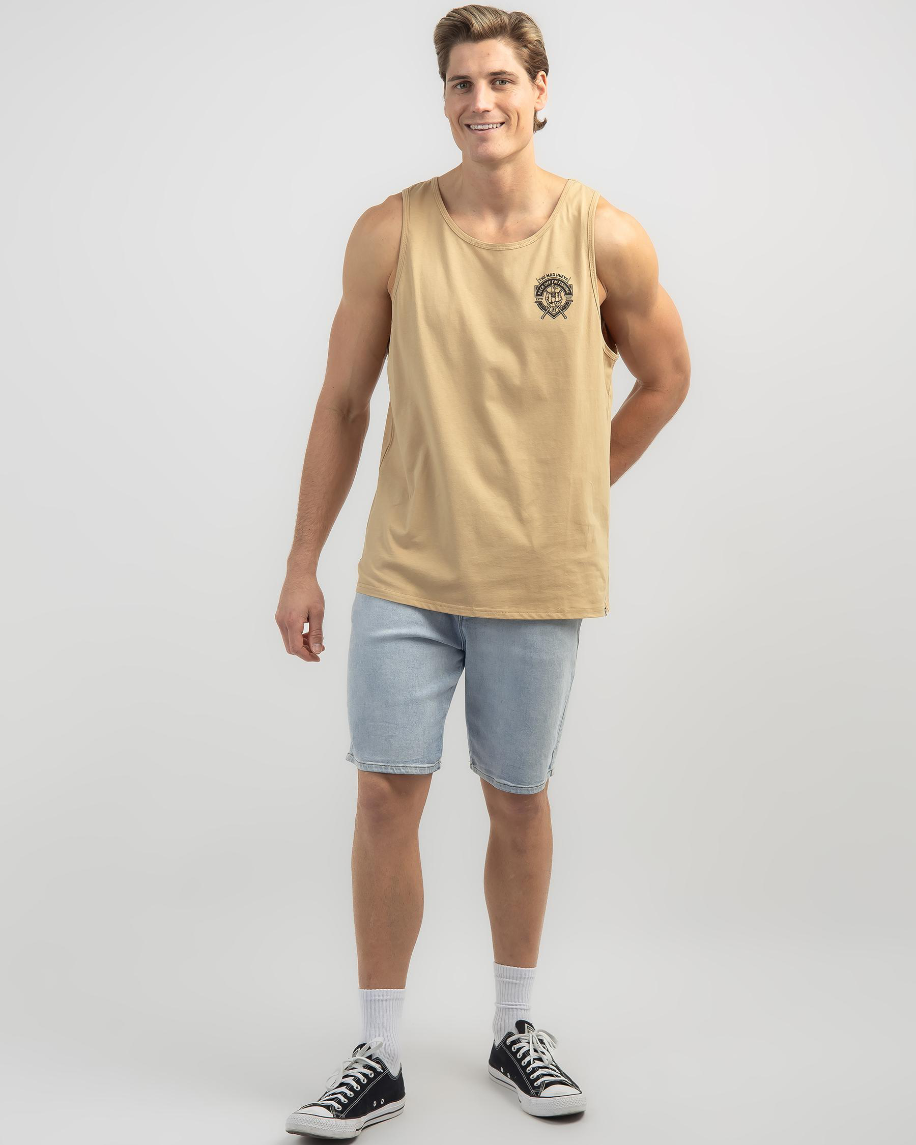 Shop The Mad Hueys Fk Off I'm Fishing Singlet In Tan - Fast Shipping ...