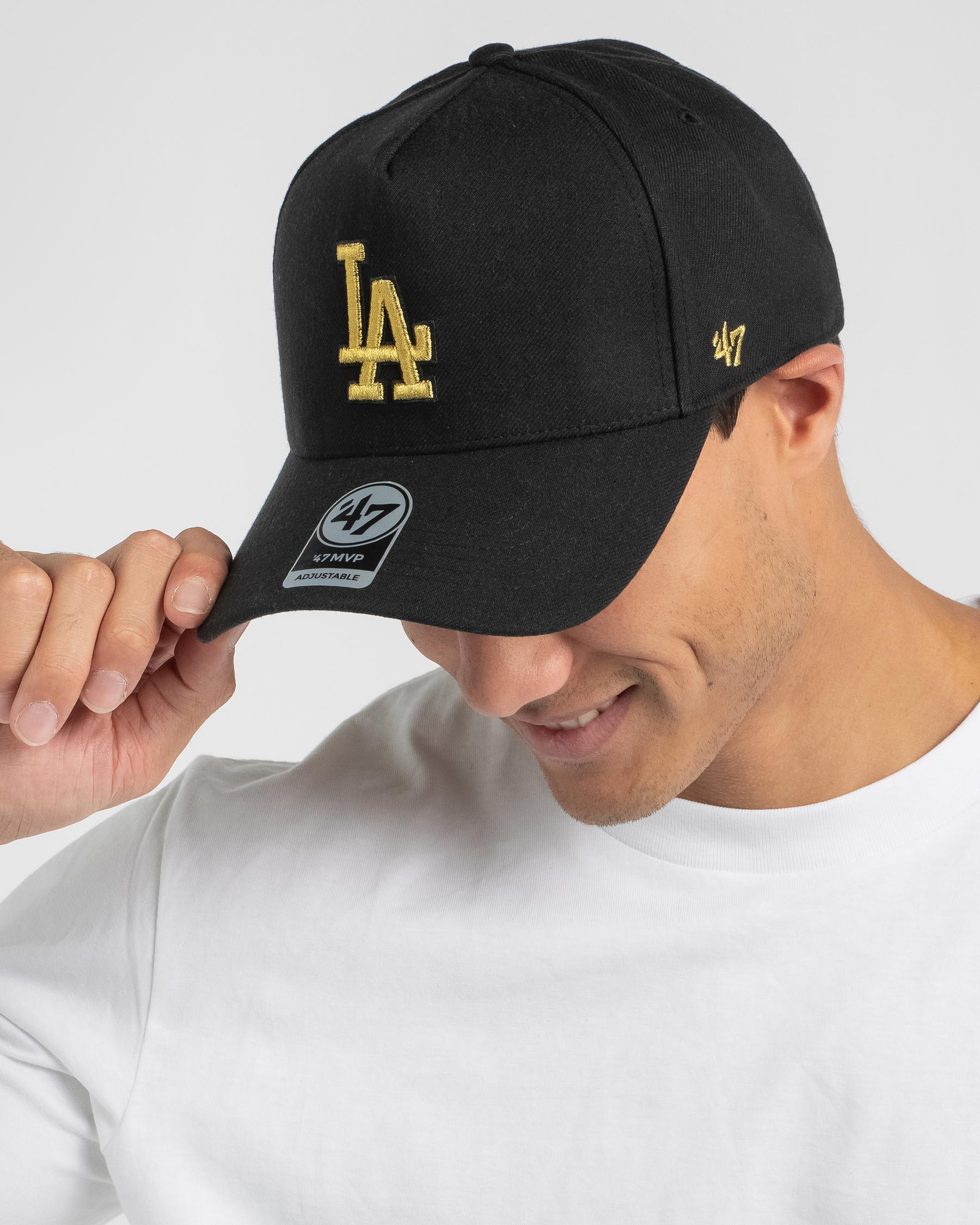 Shop Forty Seven LA Dodgers Metallic Snapback Cap In Black/gold - Fast ...