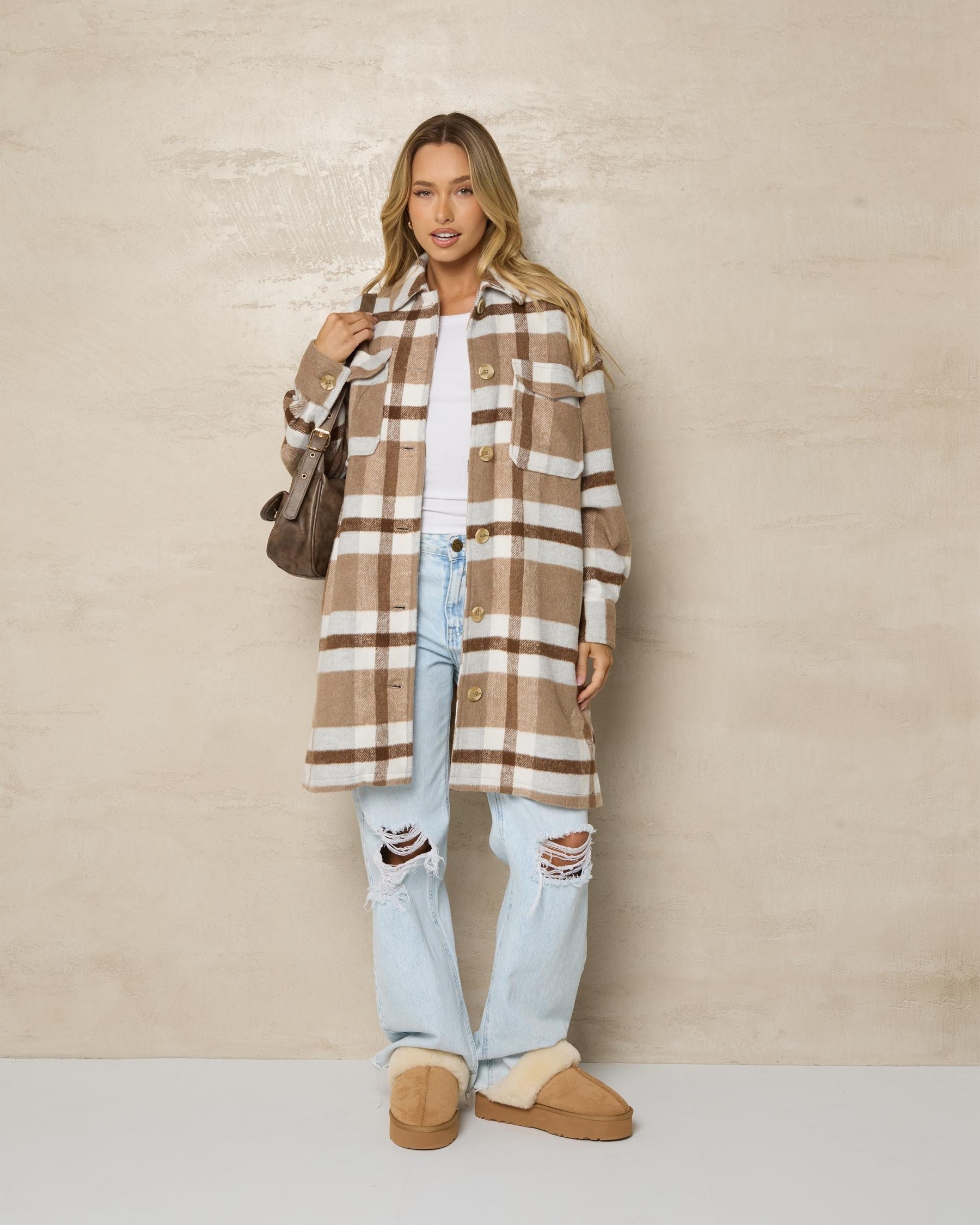 Shop Ava And Ever Andy Long Shacket In White/tan-choc - Fast Shipping ...