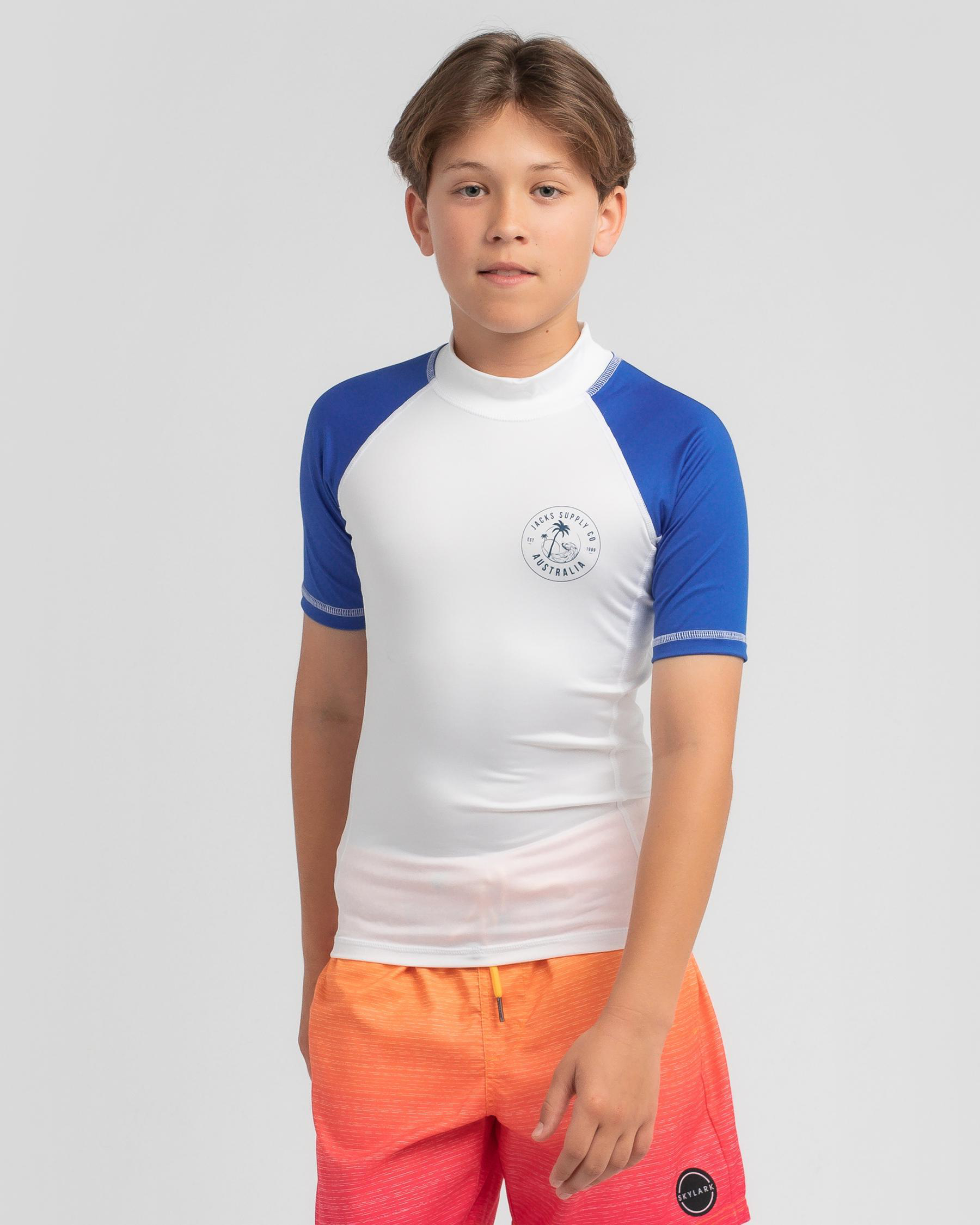 Shop Jacks Boys' Clan Short Sleeve Rash Vest In White/cyan - Fast ...