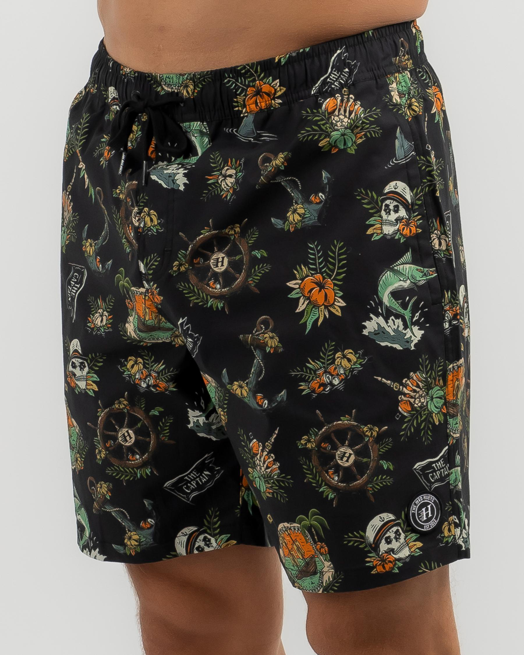 Shop The Mad Hueys Shipwrecked Captain Volley Shorts In Black - Fast ...