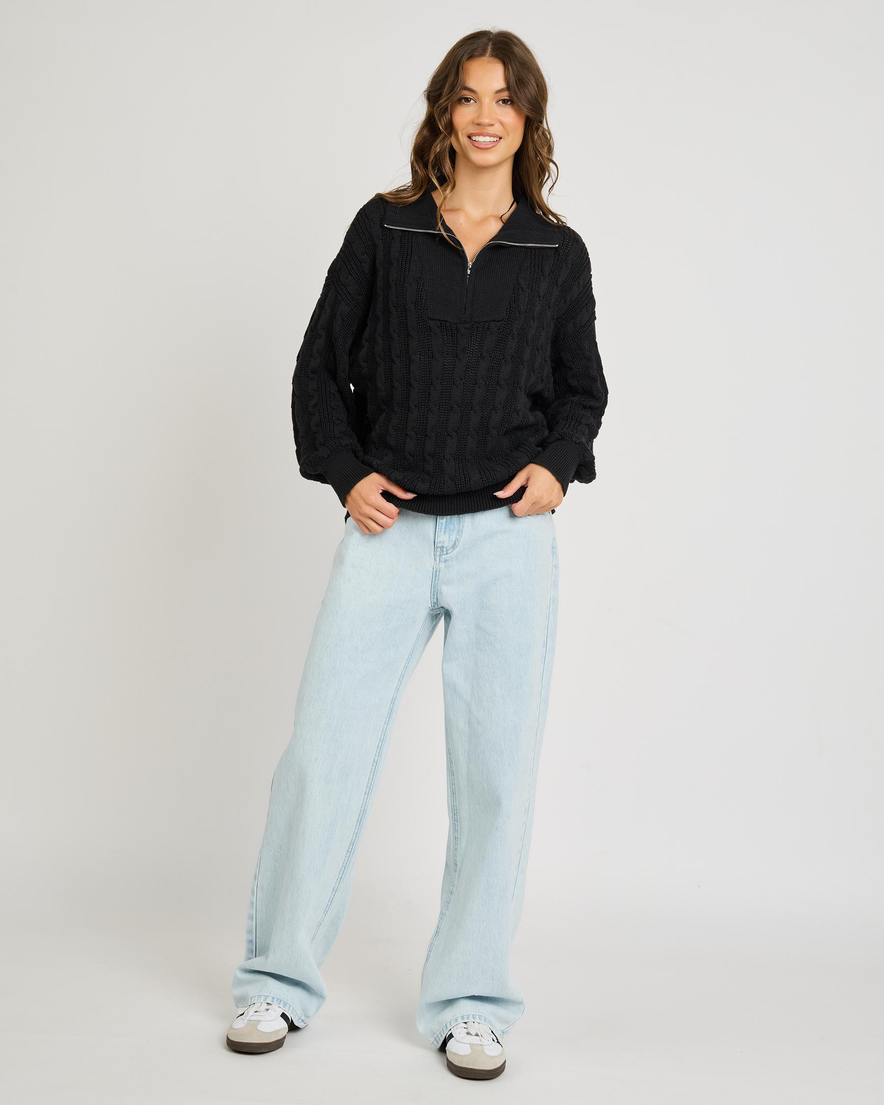 Mooloola Judy Half Zip Collared Cable Knit Jumper In Black - FREE ...