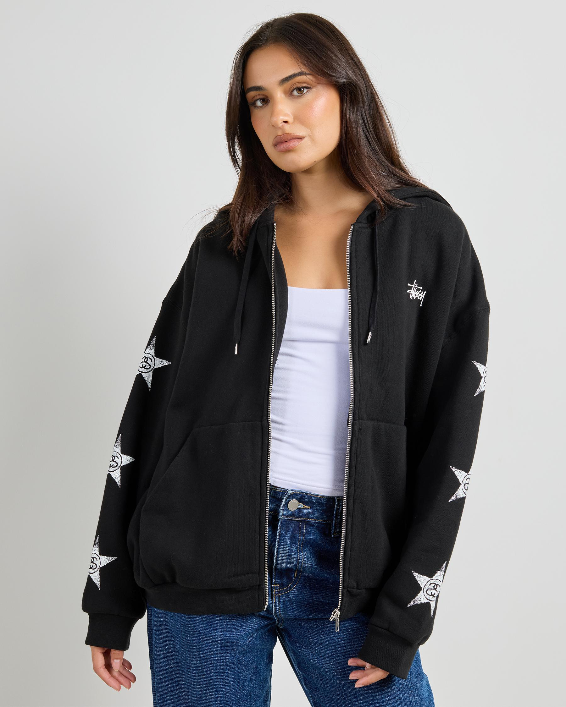 Shop Stussy Stars Zip Through Hoodie In Black - Fast Shipping & Easy ...