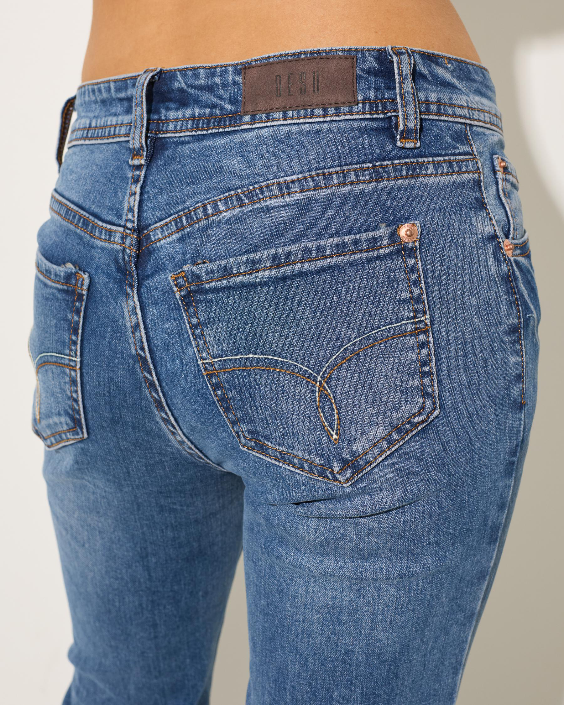 Shop DESU Stratford Low Waist Bootleg Jeans In Blasted Dark Blue - Fast ...