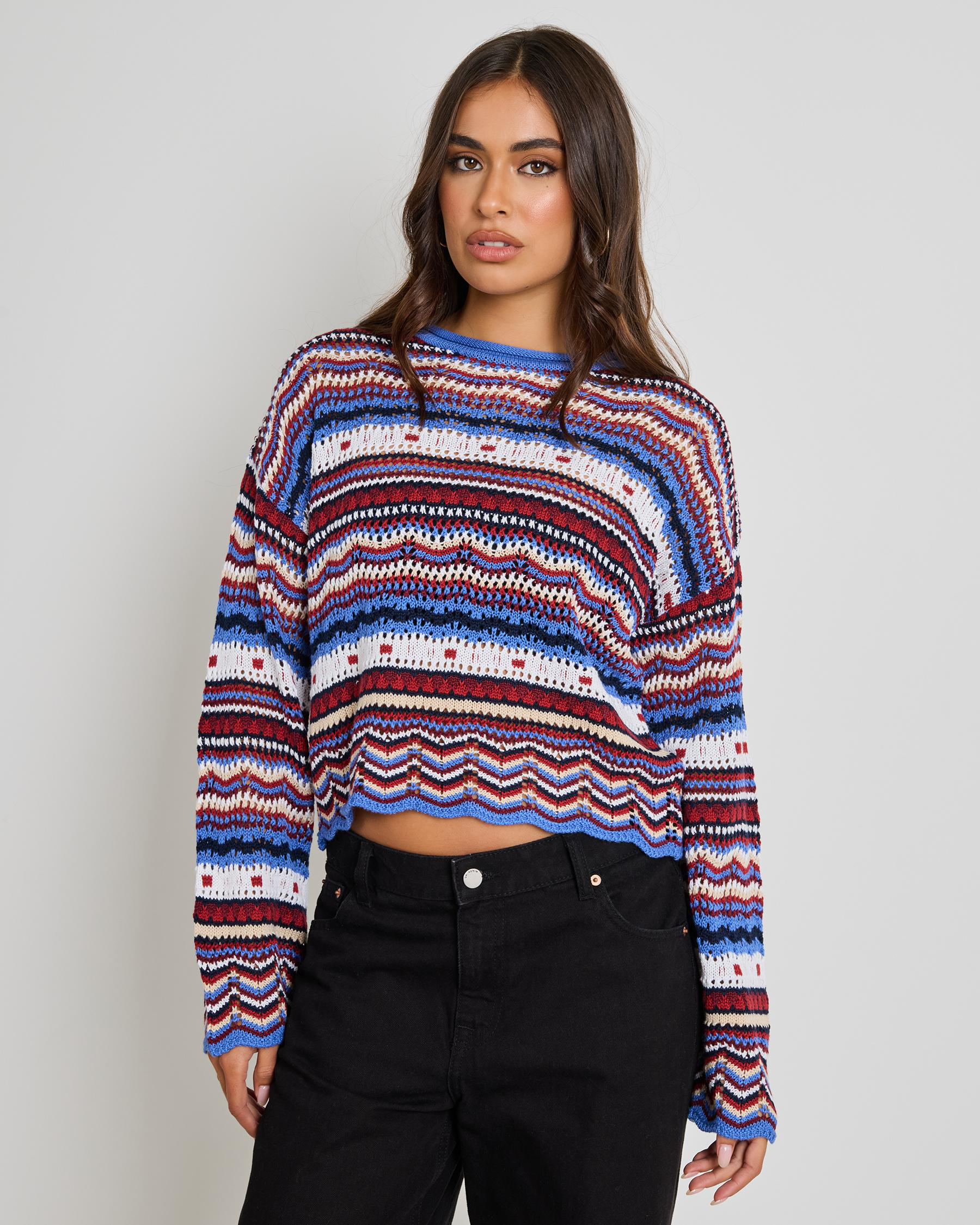 Shop Mooloola Dream Catcher Crochet Jumper In Berry Multi - Fast ...