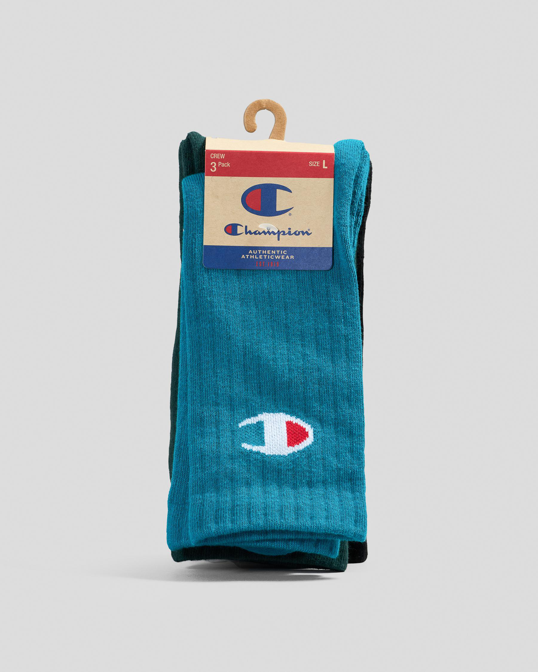 Shop Champion Sport C Logo Crew Socks 3 Pack In Teal Ocean/mid Field ...
