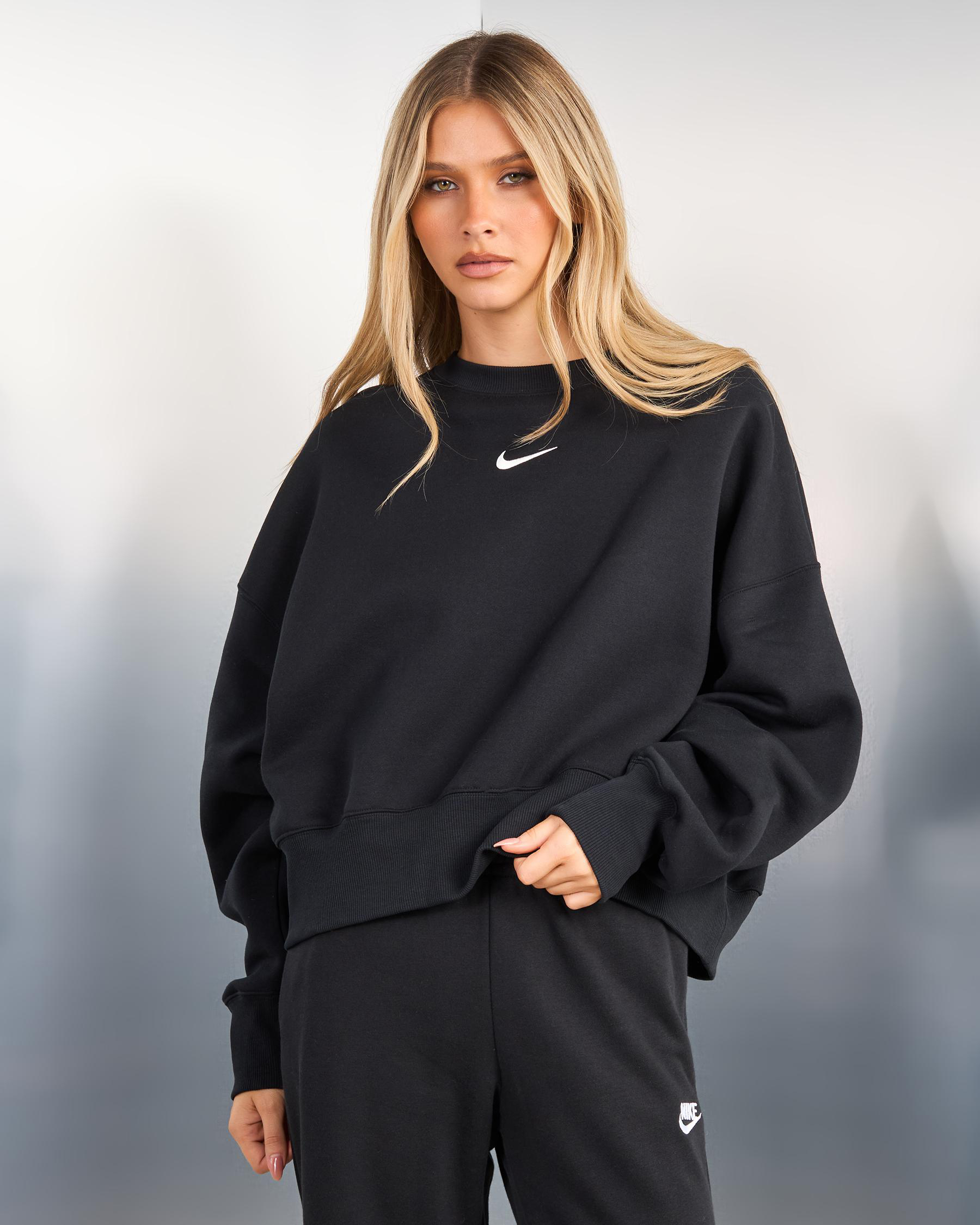 Shop Nike Phoenix Fleece Crew Jumper In Black/sail - Fast Shipping ...