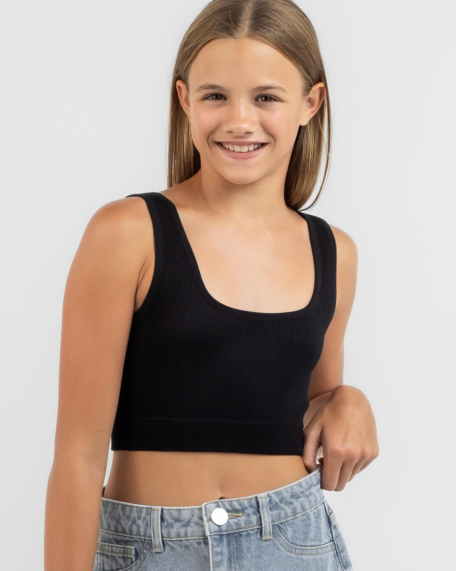 Shop Mooloola Girls' Basic Seamfree Crop Top In Black - Fast Shipping ...