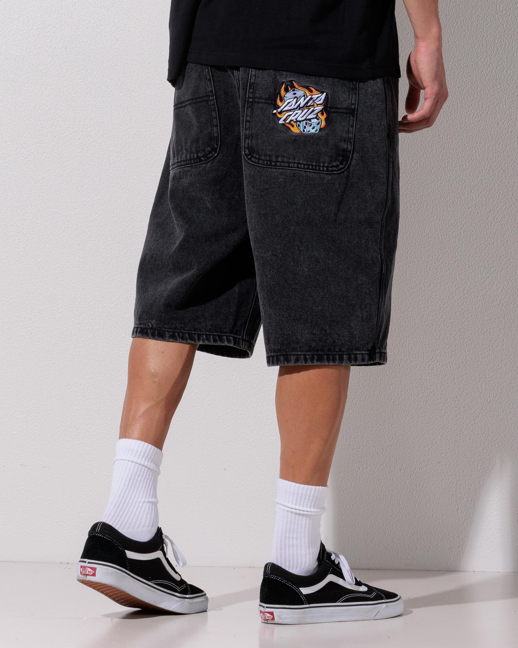 Shop Santa Cruz Flaming Dice Dot Jean Shorts In Washed Black - Fast ...