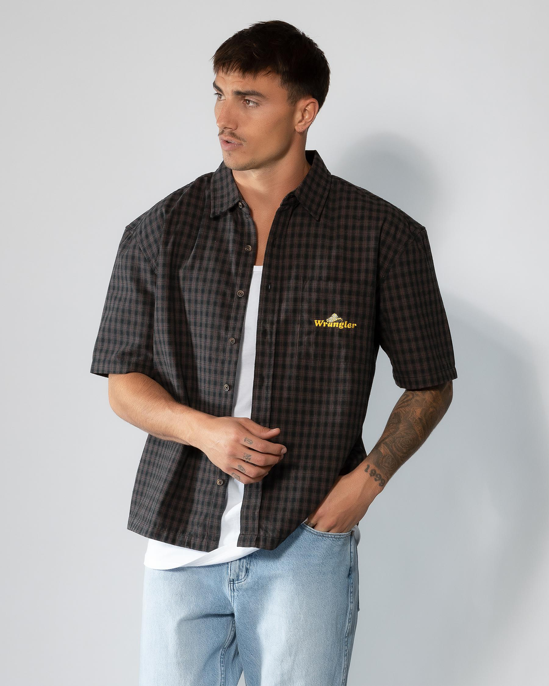 Shop Wrangler Boxcar Short Sleeve Shirt In Black Check - Fast Shipping ...