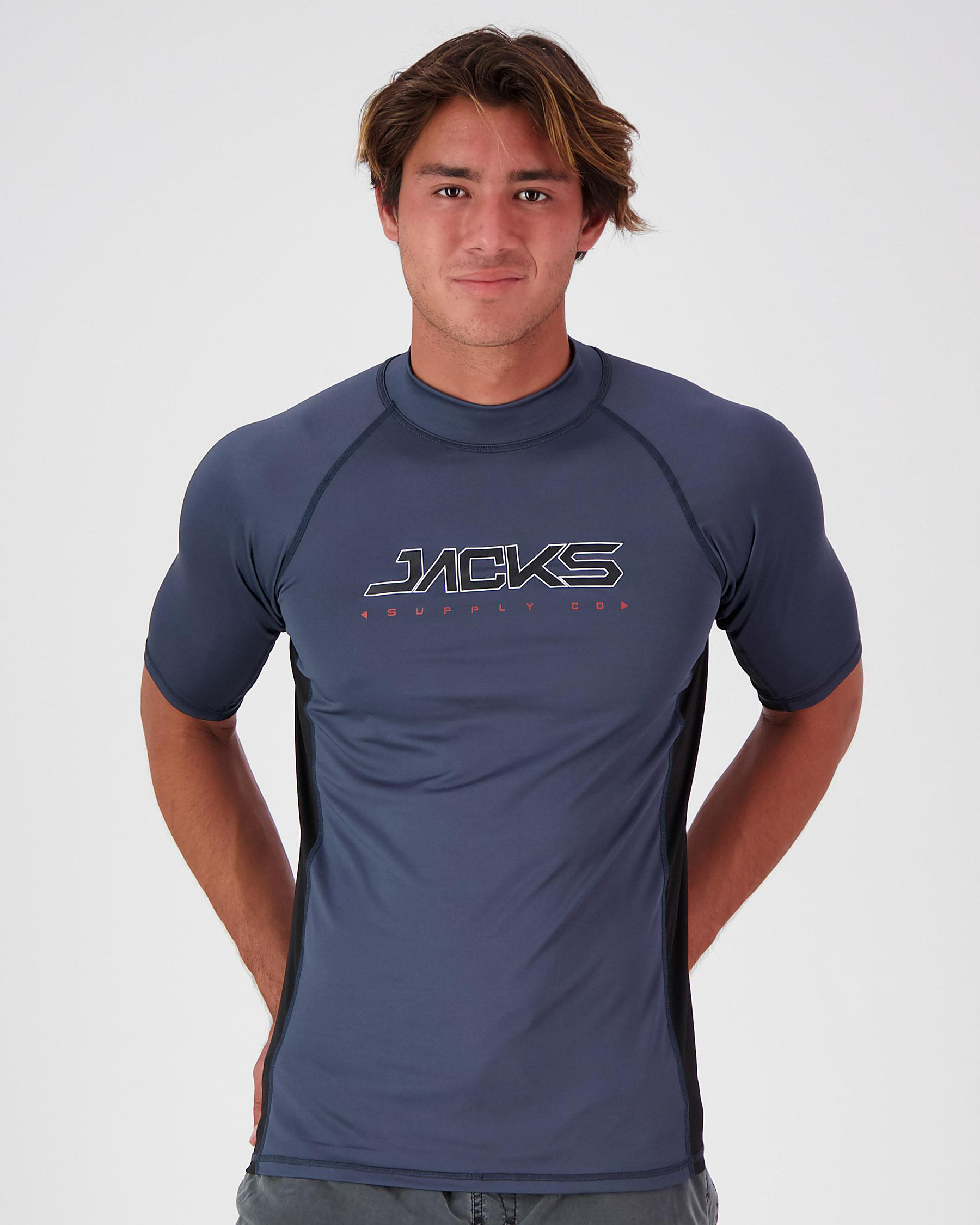 Shop Jacks Tranquil Short Sleeve Rash Vest In Charcoal/black - Fast ...