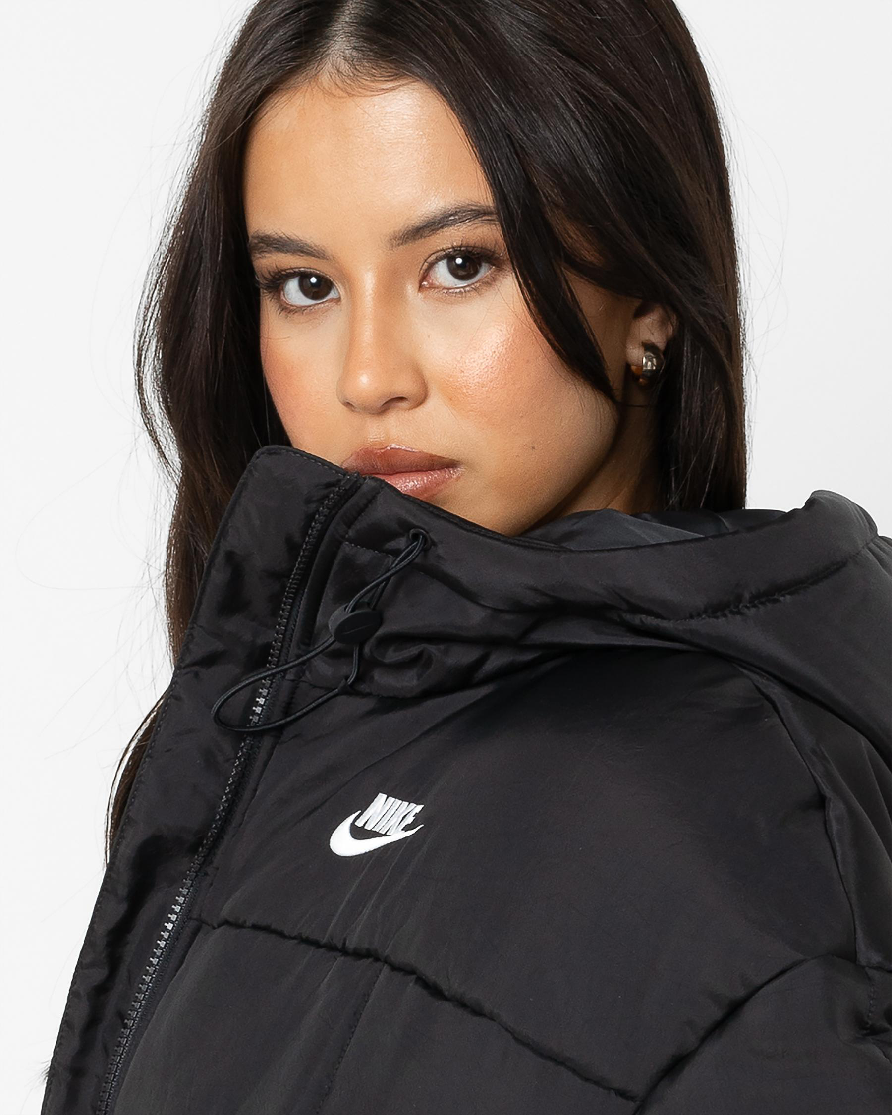 Shop Nike Essential Classic Hooded Puffer Jacket In Black/white - Fast ...