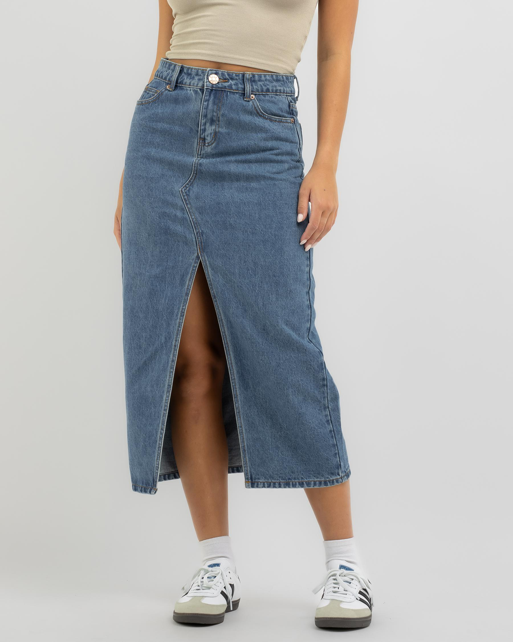 DESU Lorde Midi Denim Skirt In Dark Mid - Fast Shipping & Easy Returns ...