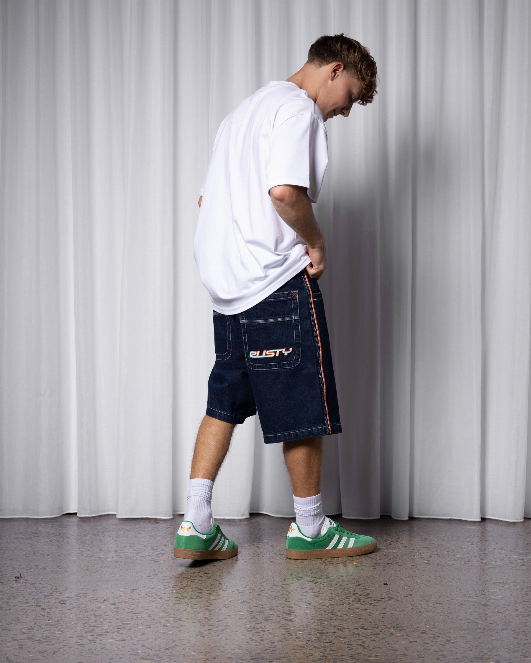Shop Rusty Flip Daddy 2.0 Jean Shorts In Deep Sea Blue - Fast Shipping ...