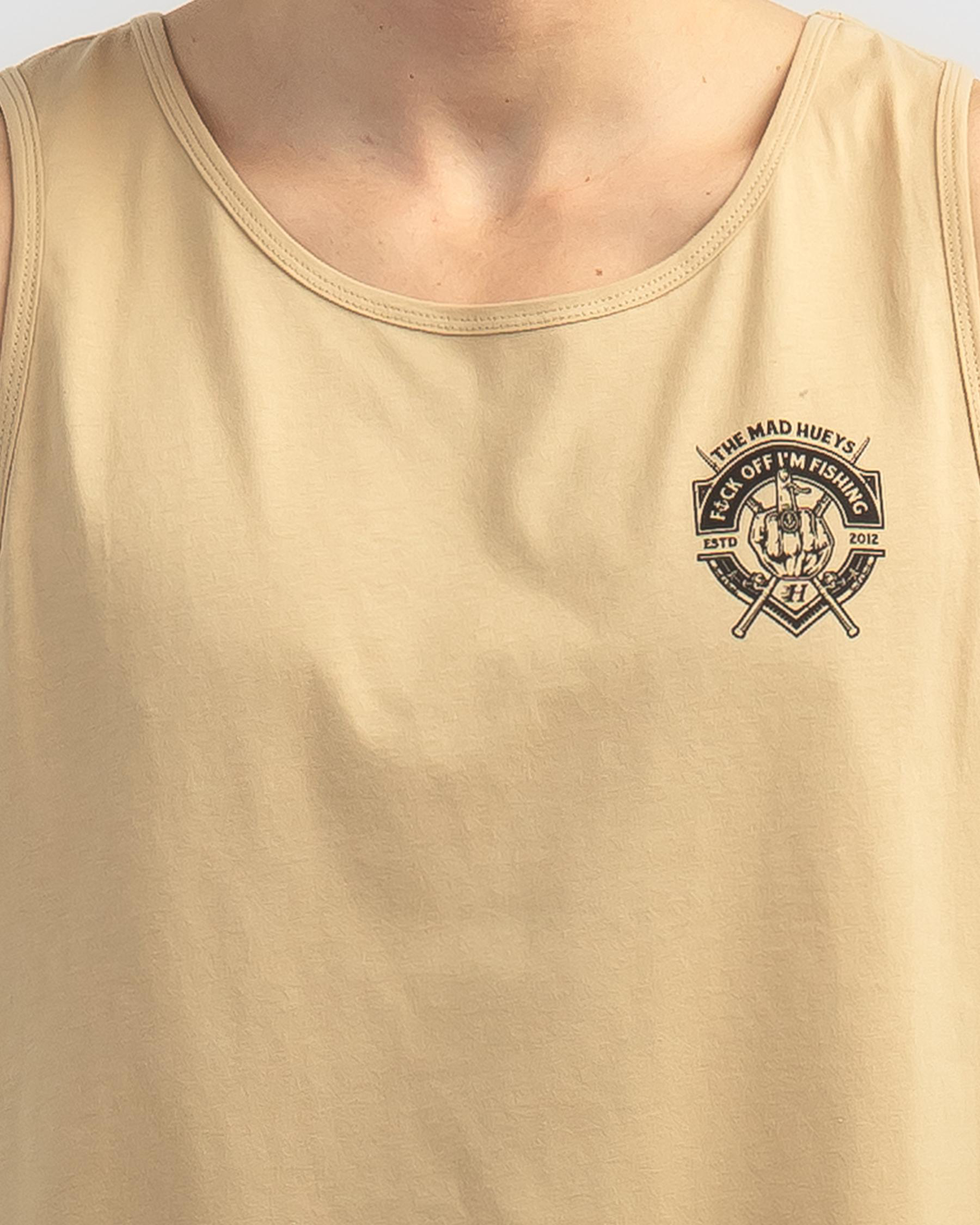 Shop The Mad Hueys Fk Off I'm Fishing Singlet In Tan - Fast Shipping ...