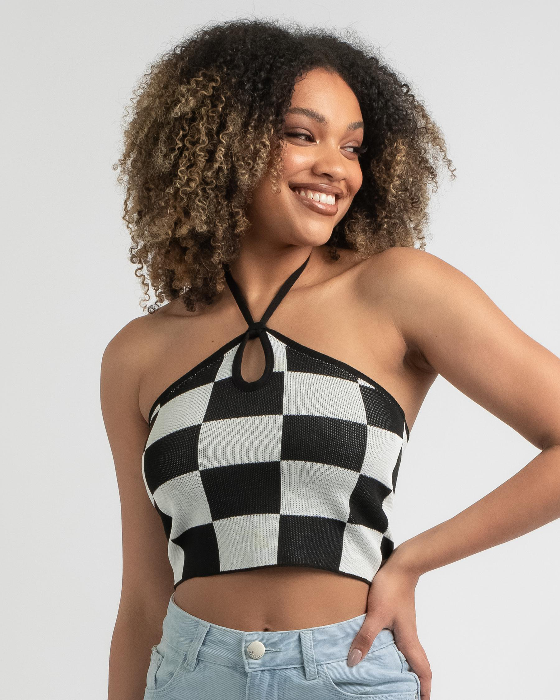 Shop Red Berry Checkerboard Knit Halter Top In Black/white - Fast ...