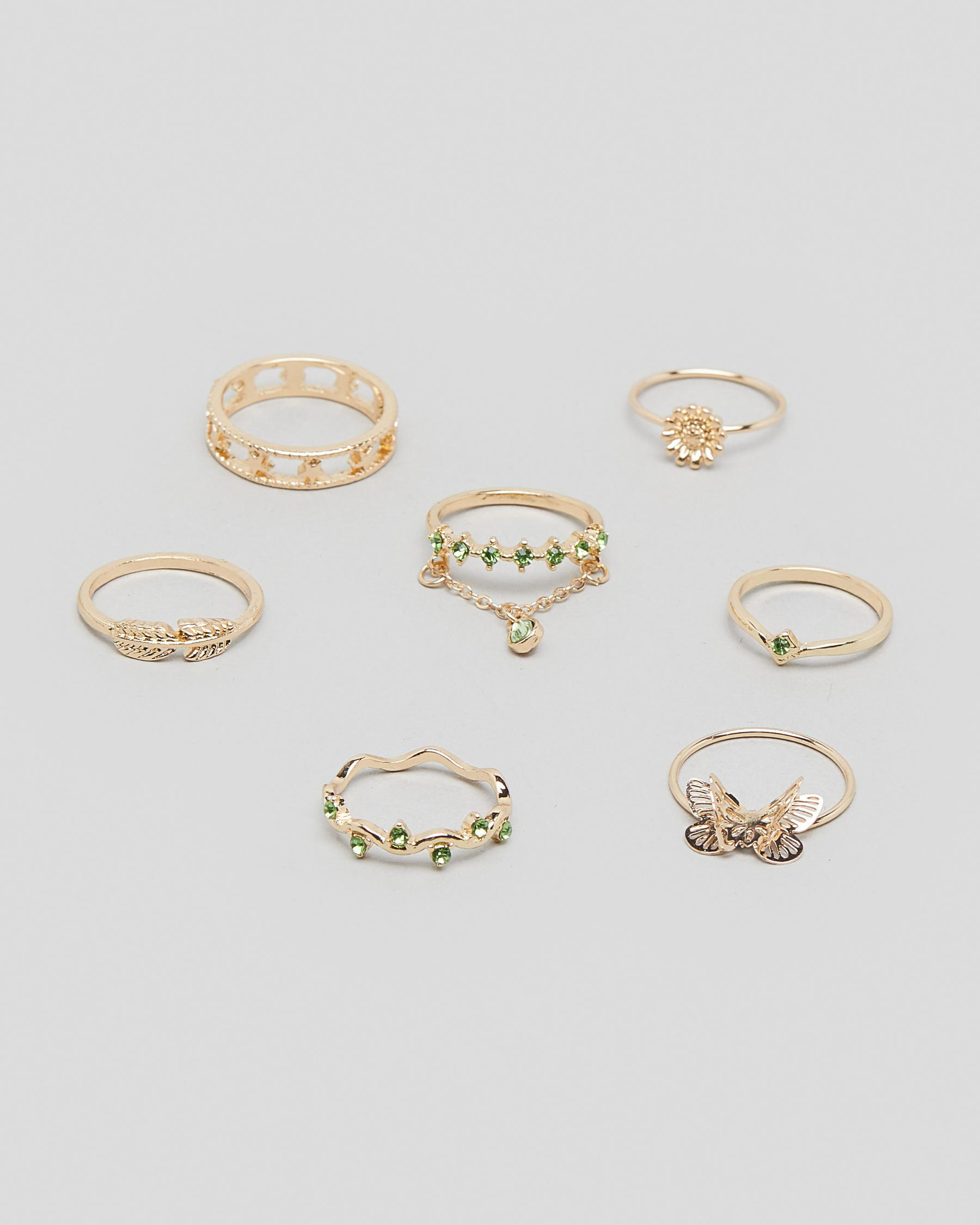 Shop Karyn In LA Vivian Ring Pack In Shiny Light Gold/green - Fast ...