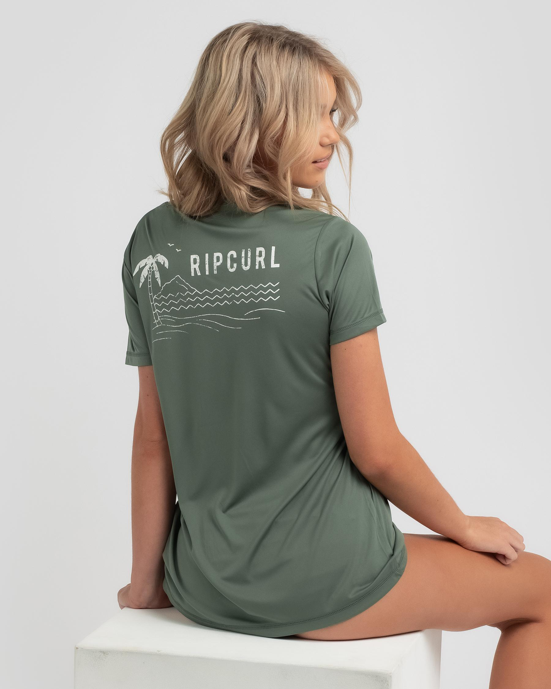 Shop Rip Curl Lazy Days Short Sleeve Rash Vest In Green - Fast Shipping ...
