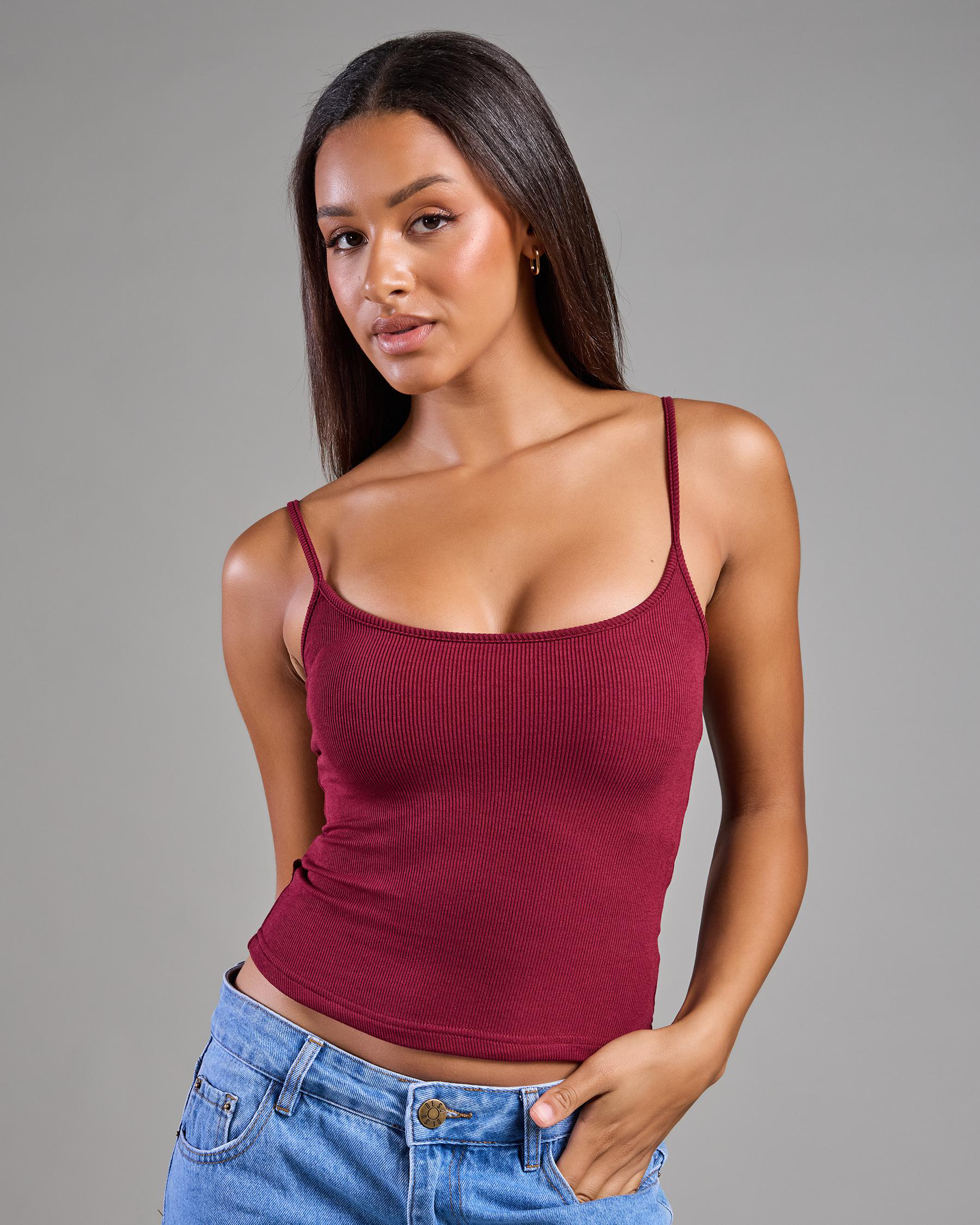 Shop Mooloola Basic Fine Rib Cami Top In Burgundy - Fast Shipping ...